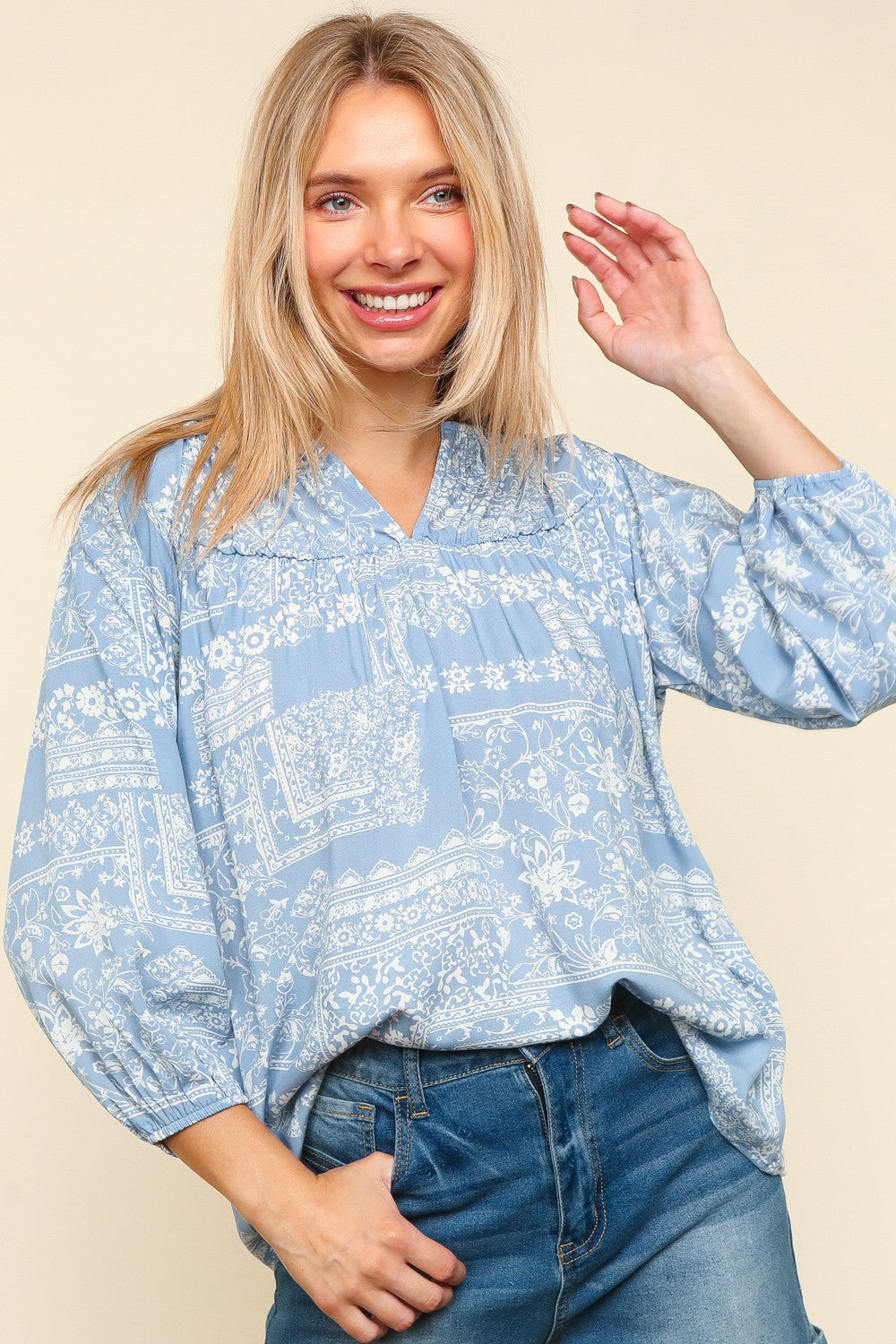 NOTCH NECK PATCHWORK PRINT WOVEN TOP