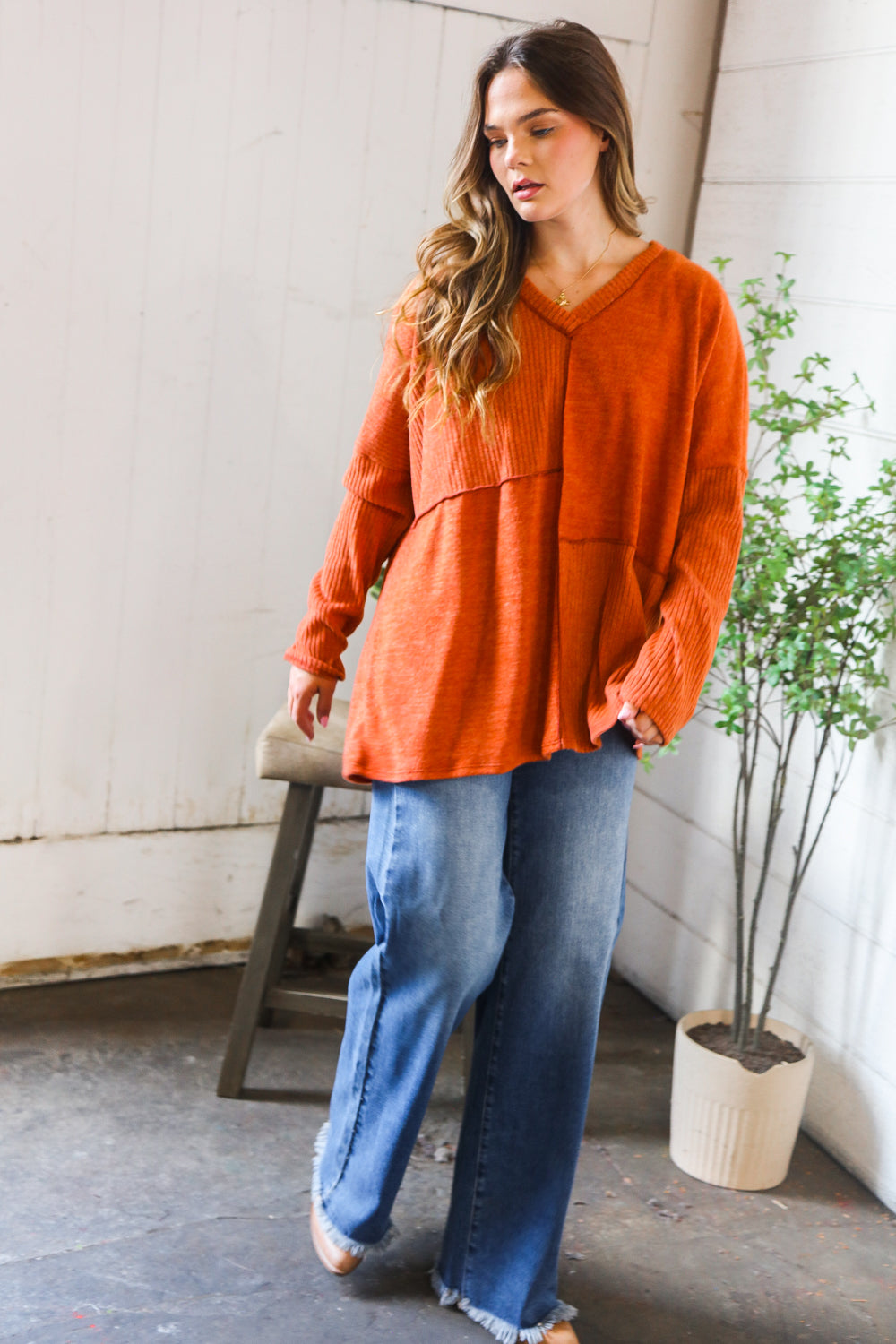 Plus Rust Ribbed Design Hacci Top