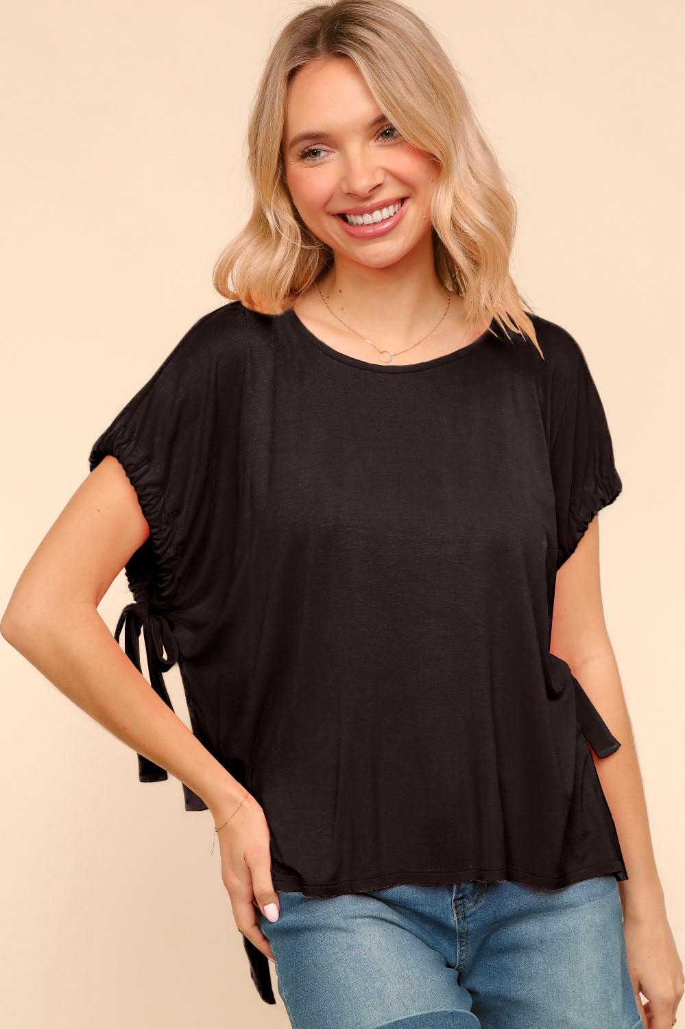 Black High Low Solid Knit Top W/Ribbon Bow Sleeve