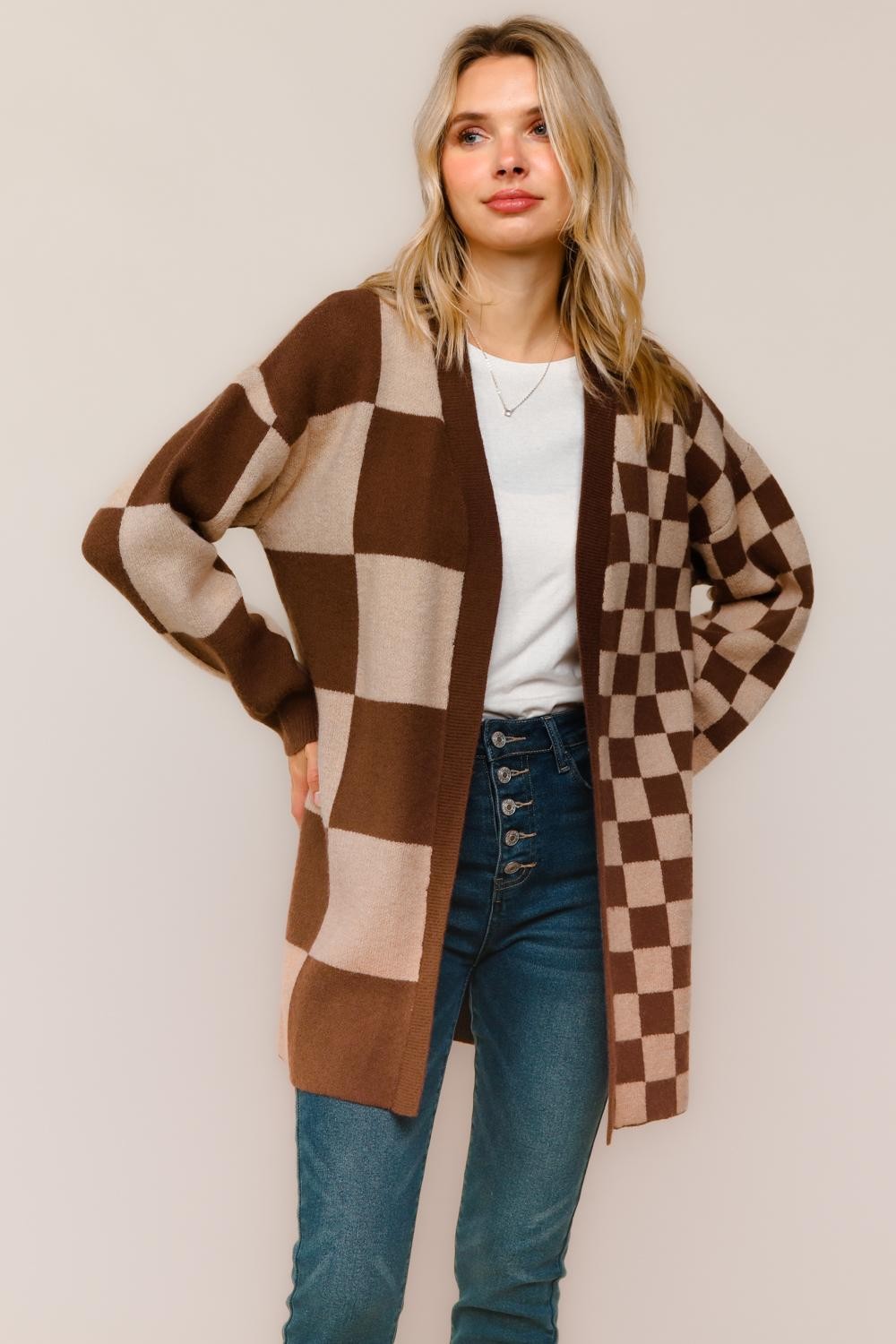 PLUS MOCHA CHECKER BOARD PATTERN CARDIGAN SWEATER