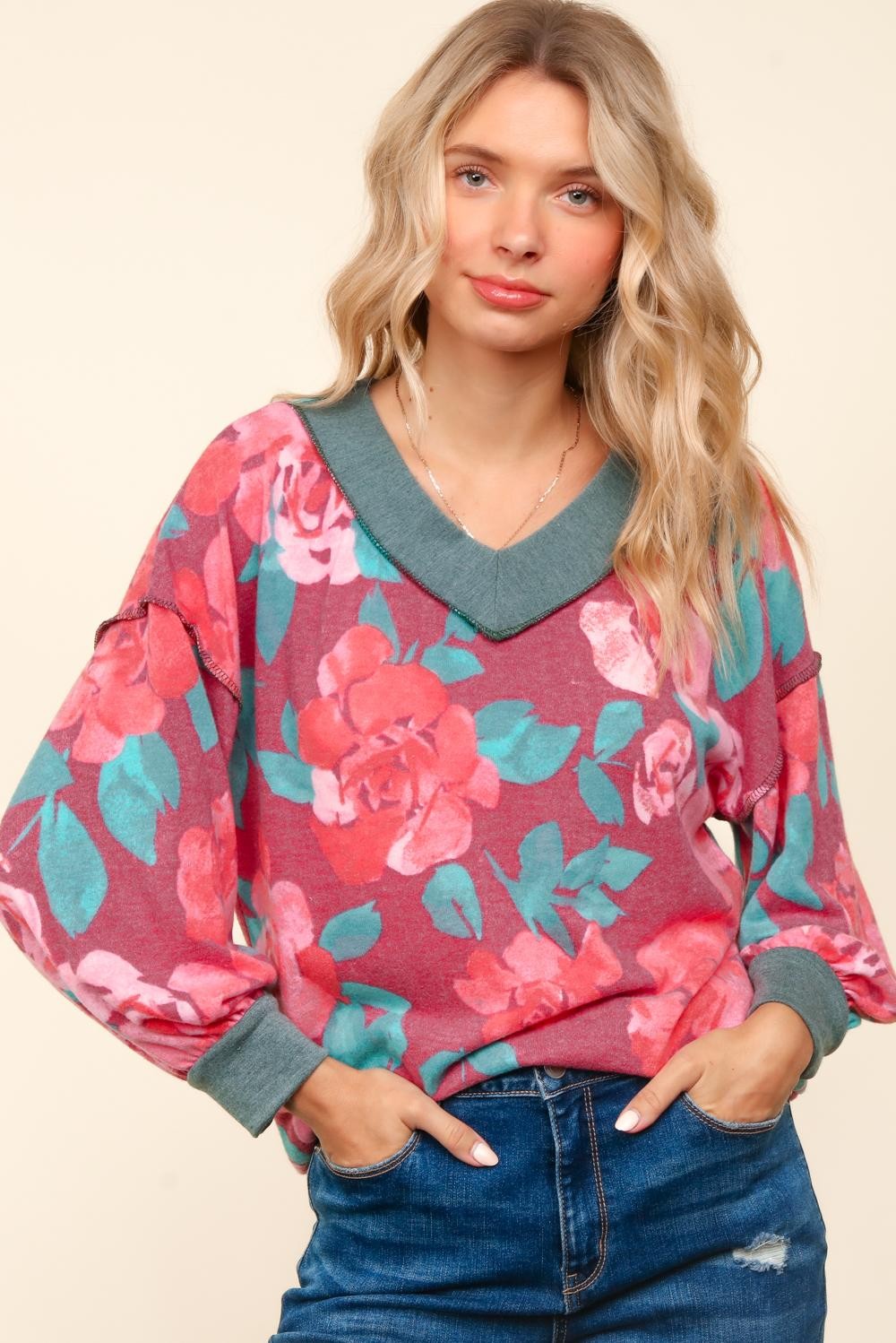 BURGUNDY DROP SHOULDER OVERSIZED FLORAL HACCI KNIT TOP
