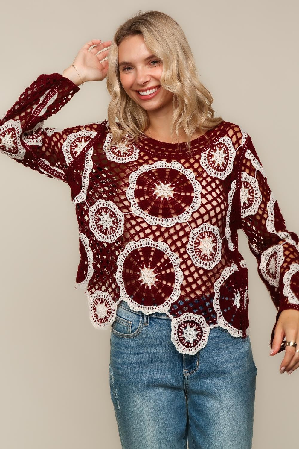 FLORAL CROCHET LACE COVER UP SWEATER TOP