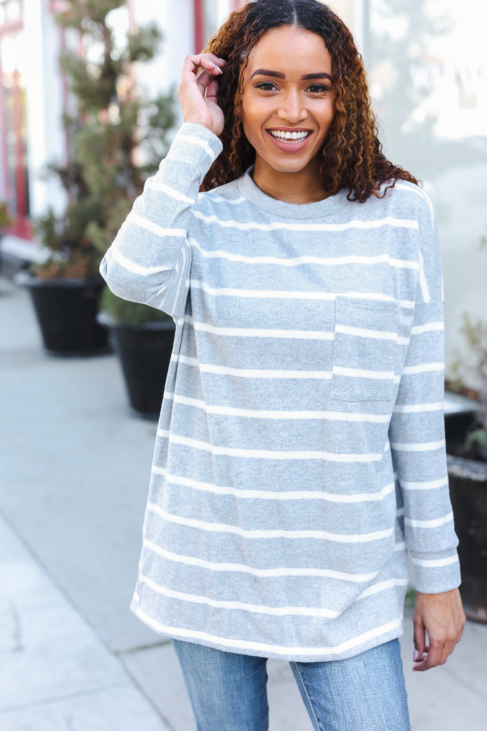Grey & Ivory Stripe Brushed Hacci Top