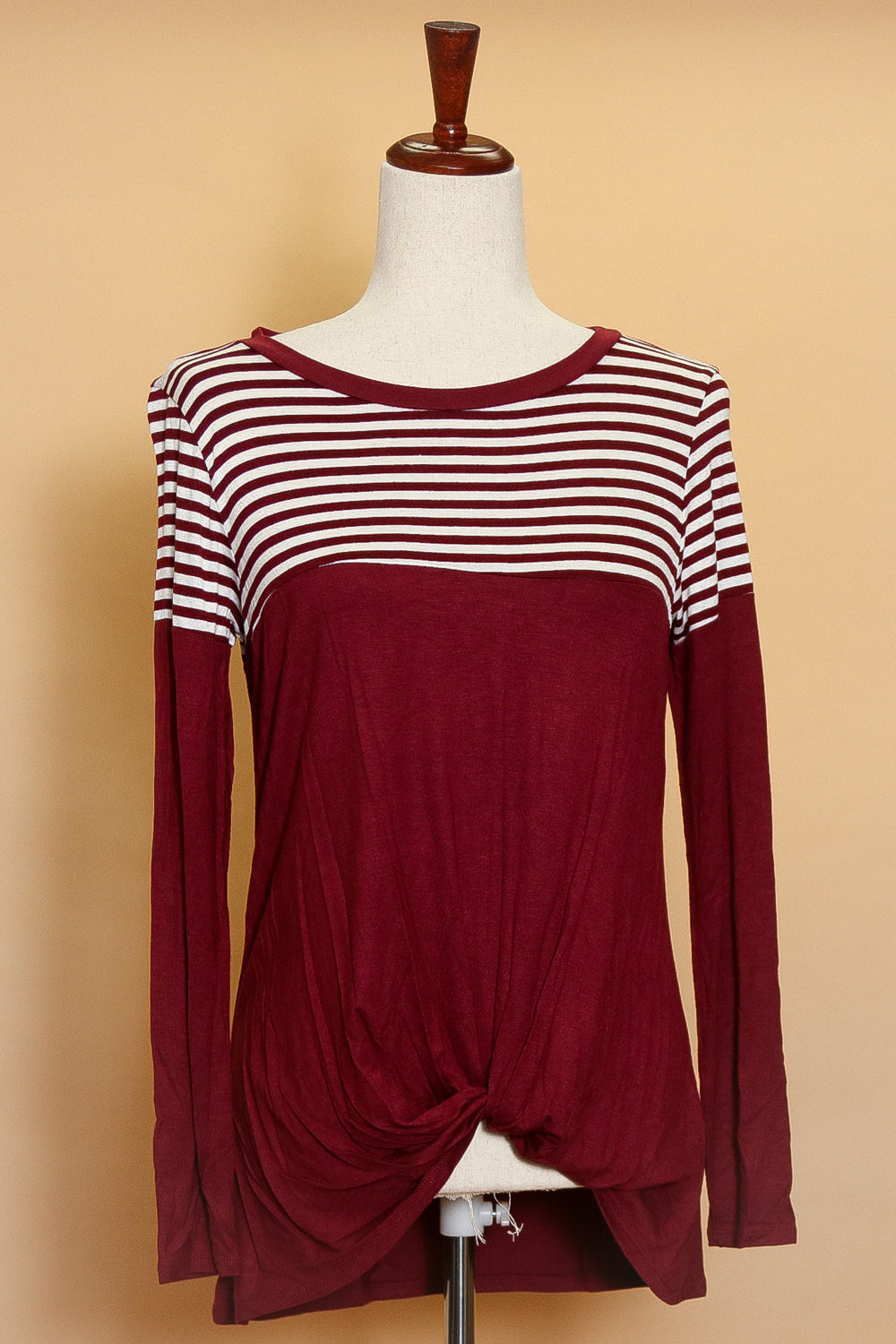 Burgundy Stripe Twist Hem Top