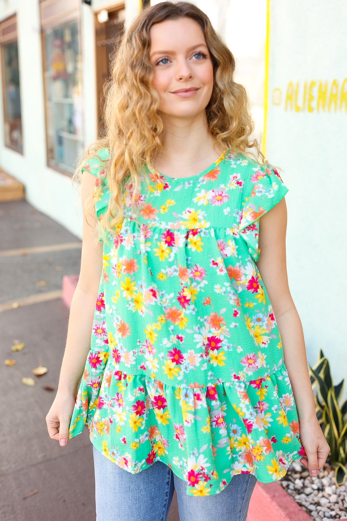 Green Floral Ruffle Frill Short Sleeve Top