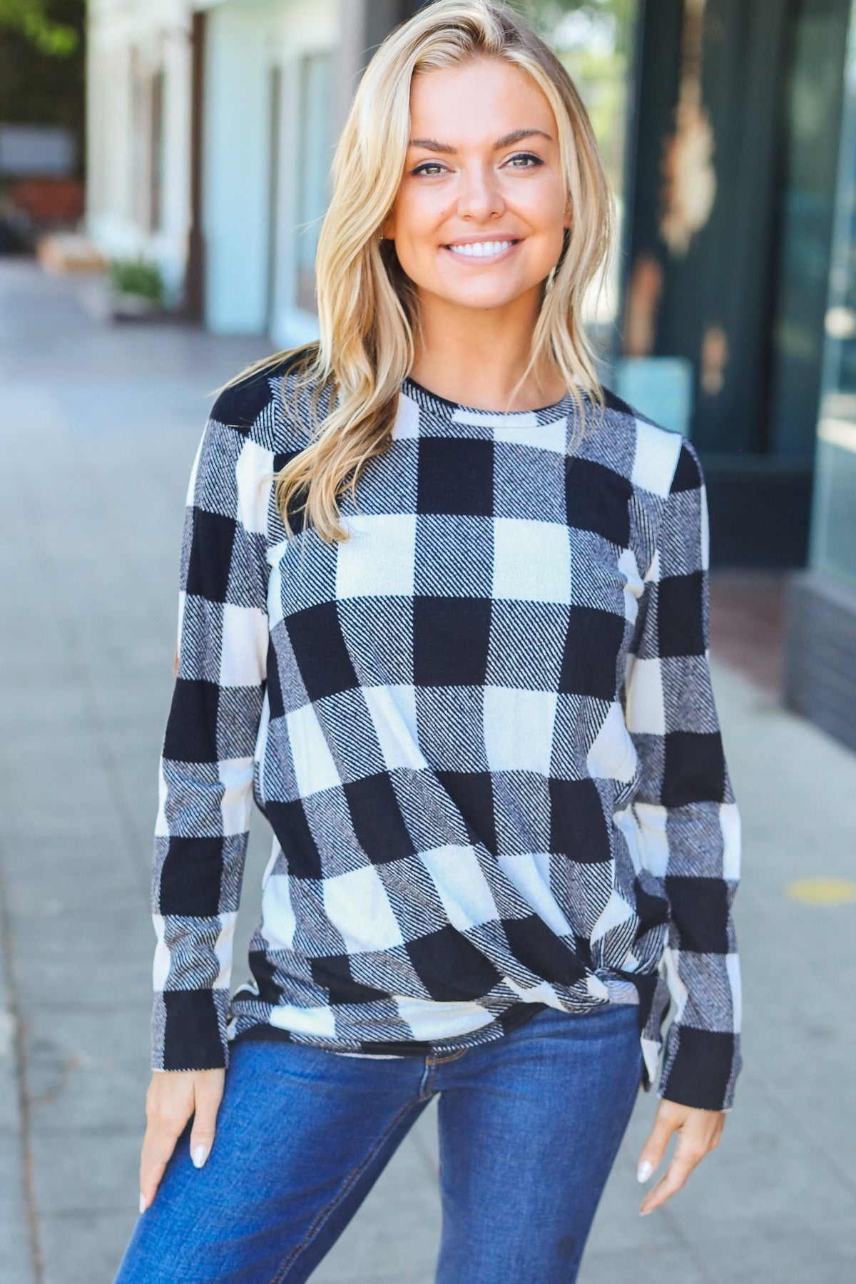Ivory Plaid Elbow Patch Top