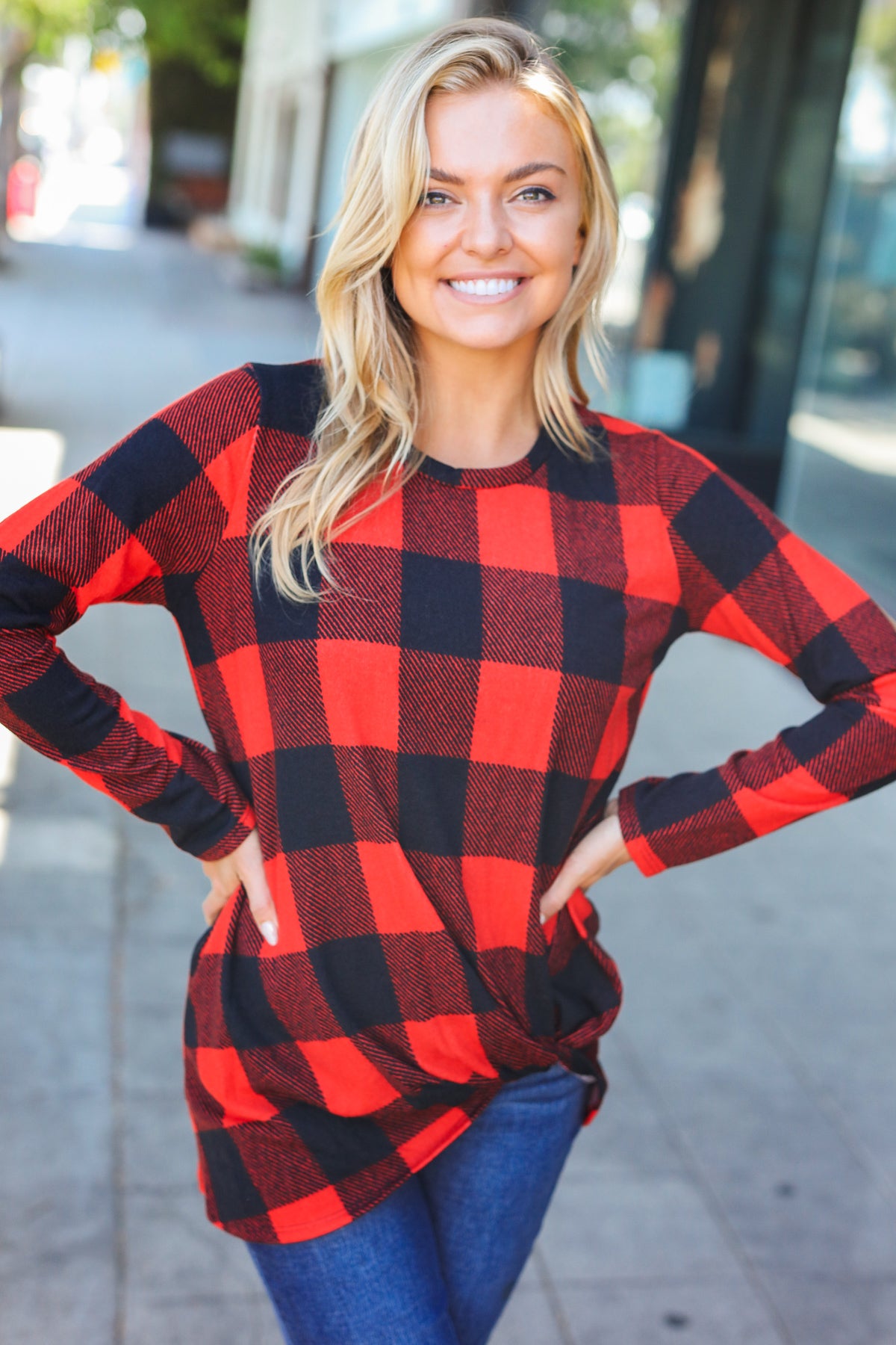 Red Plaid Elbow Patch Top