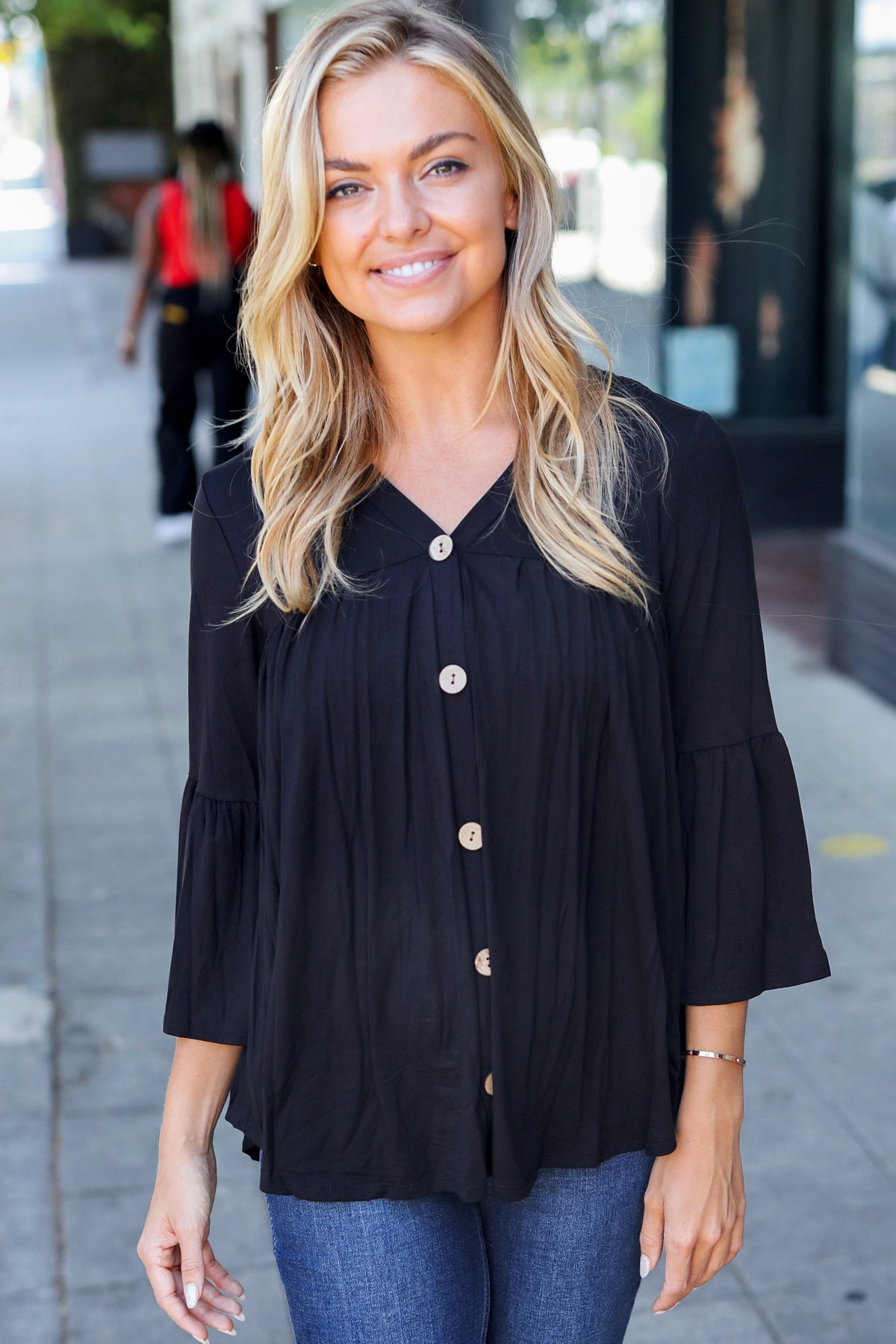 Black Button Down Bell Sleeve Top