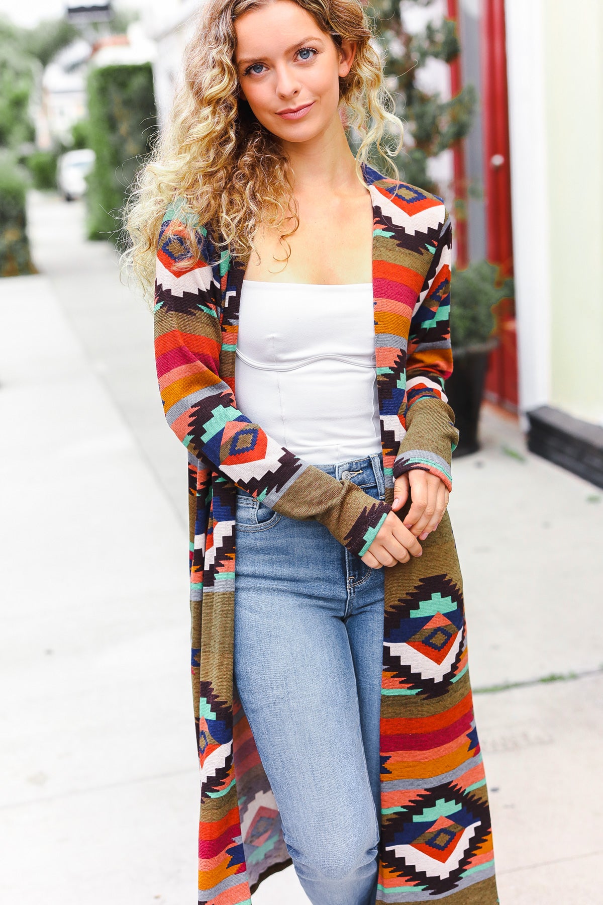 Plus Olive Aztec Duster Cardigan