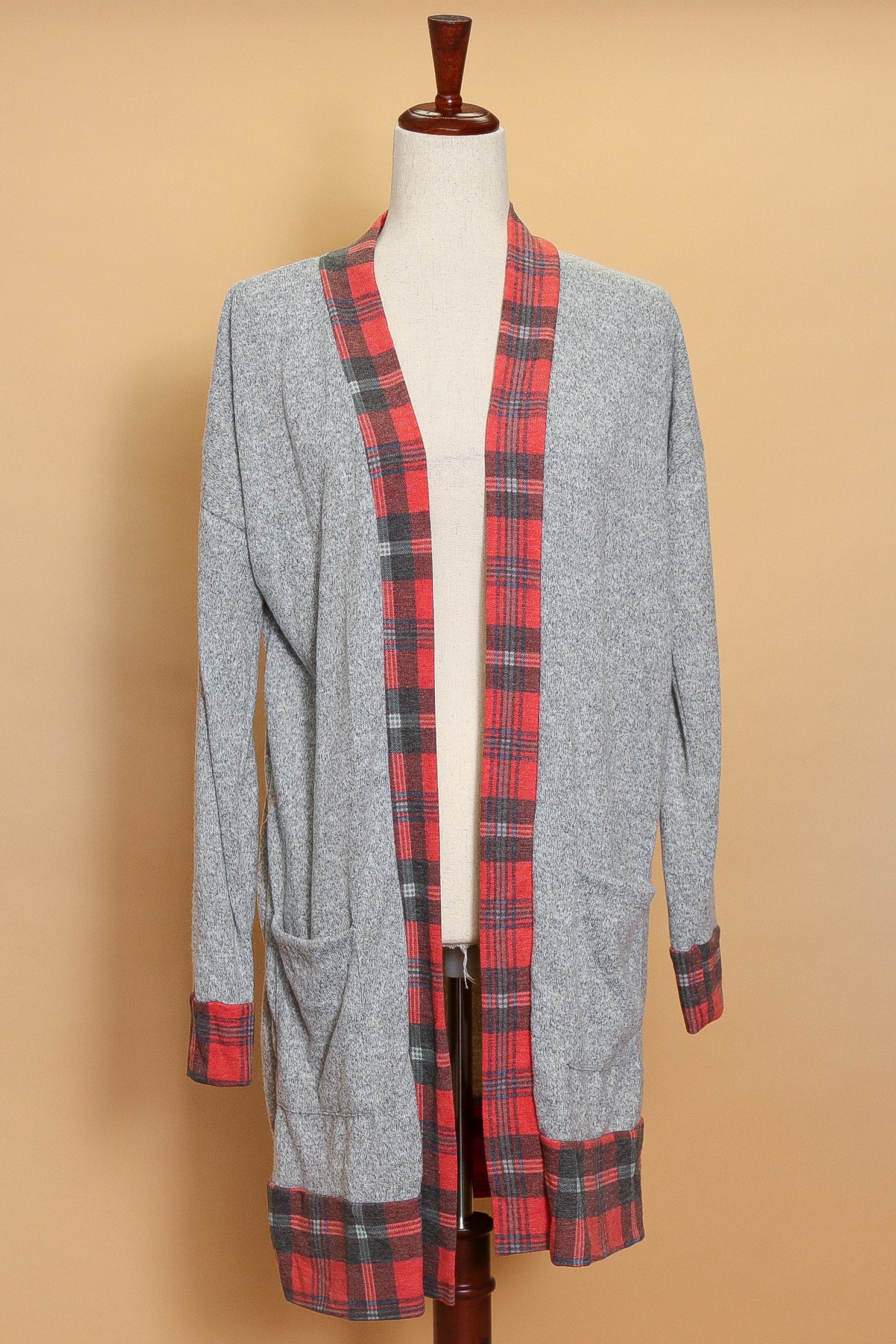 Grey & Red Plaid Cardigan