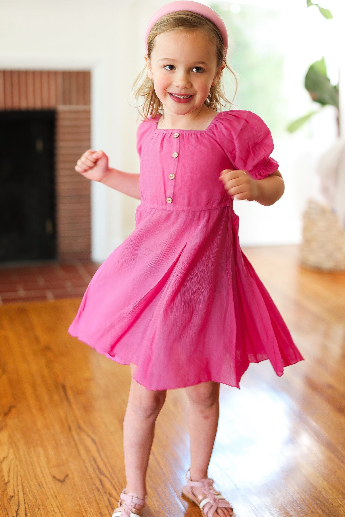 Kids Pink Button Front Ruche Back Dress
