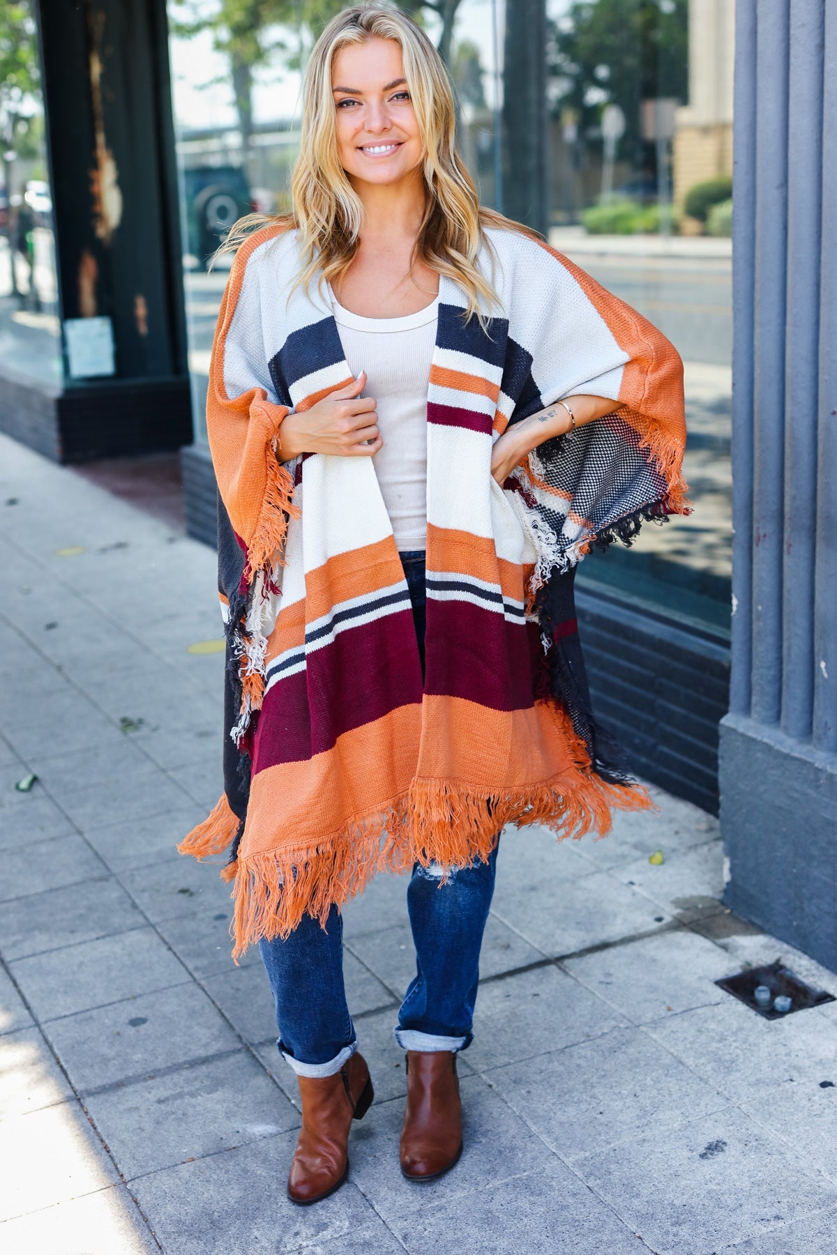 Follow Me Rust Multicolor Stripe Tassel Fringe Open Poncho (Open Pack)
