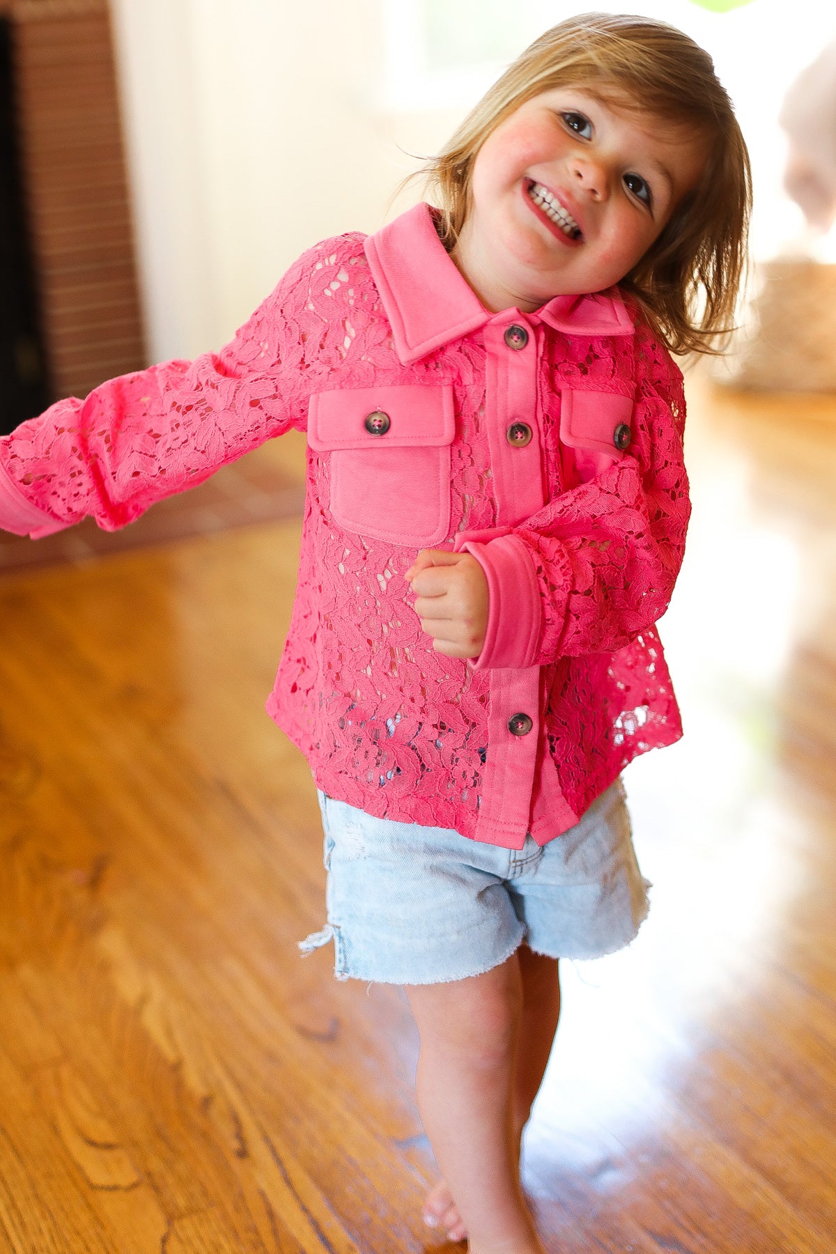 Kids Pink Lace Front Pocketed Jacket