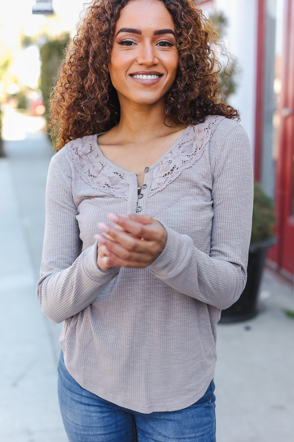 Taupe Ribbed Crochet Henley Top