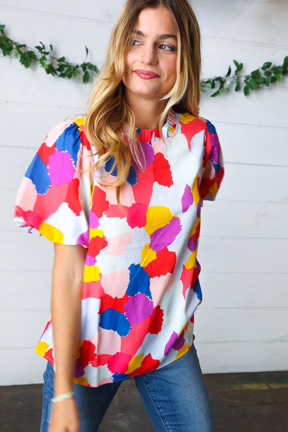 Multicolor Print Frilled Mock Neck Puff Sleeve Top (Open Pack)
