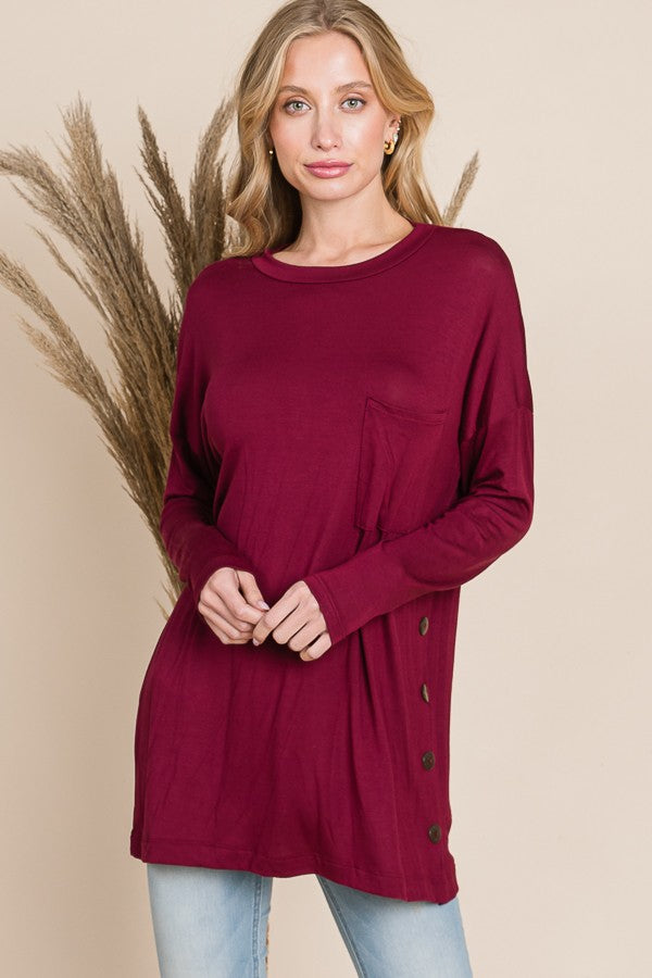 Burgundy Long Sleeve Button Top