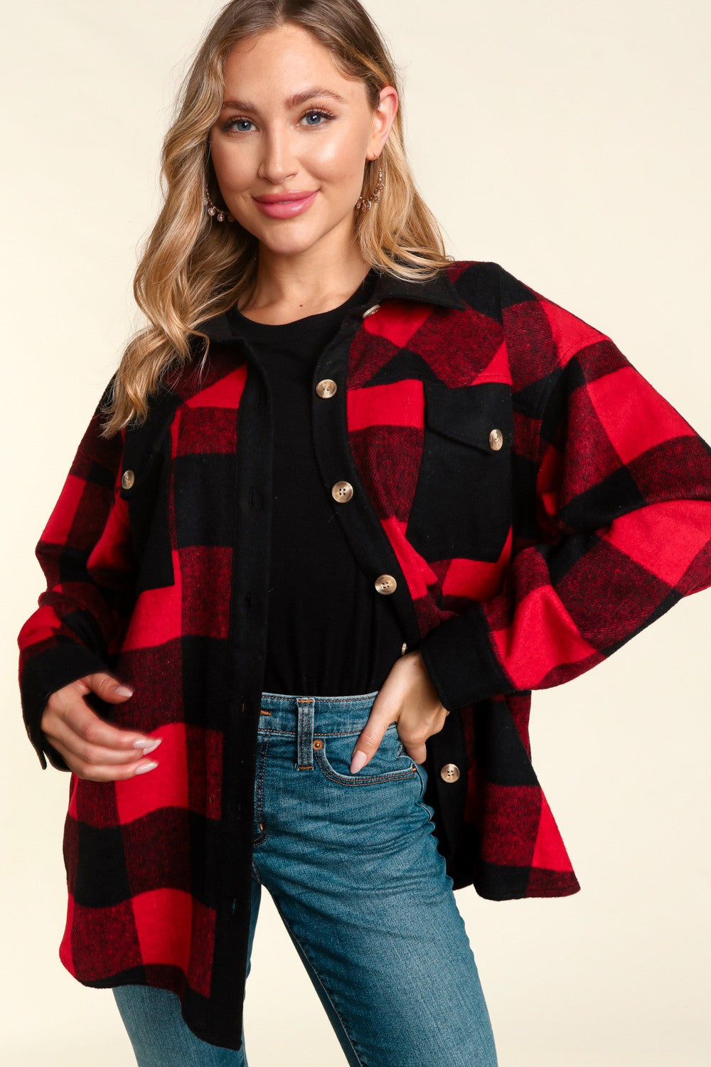 BUFFALO PLAID BUTTON DOWN SHACKET WITH POCKETS