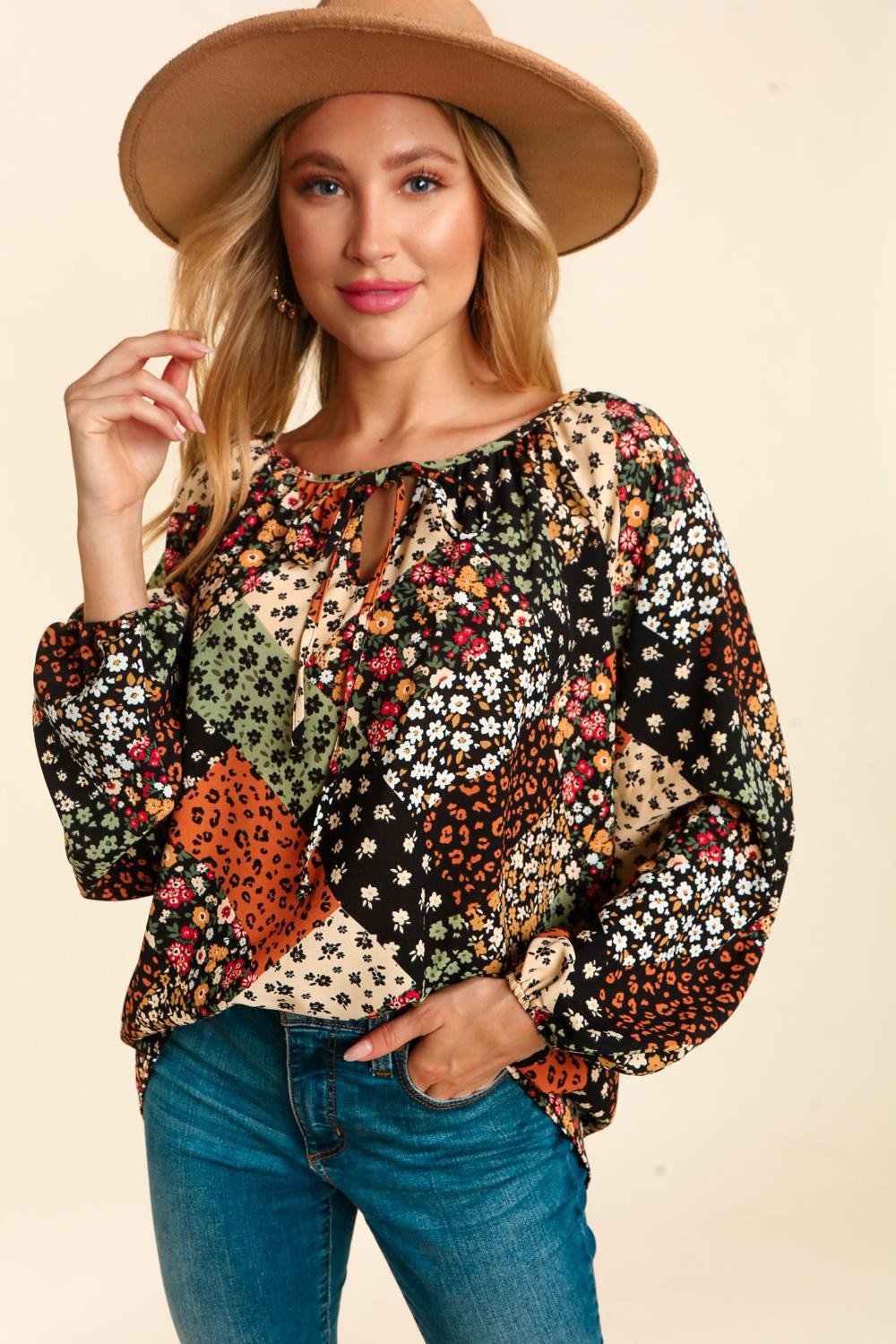 PLUS FLORAL BUBBLE LONG SLEEVE PEASANT WOVEN TOP