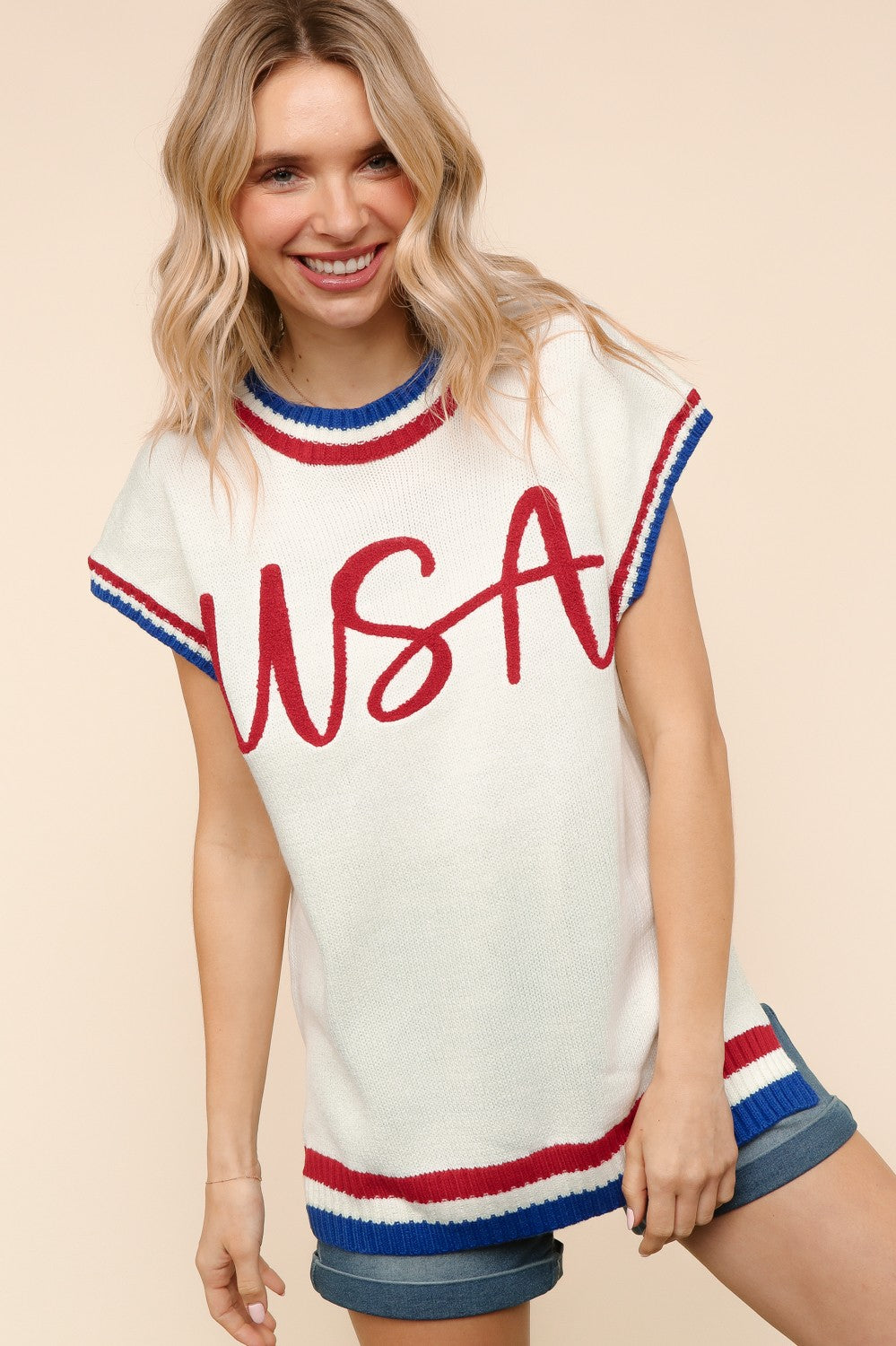 PLUS USA POP UP LETTER DOLMAN SWEATER KNIT PATRIOTIC TOP