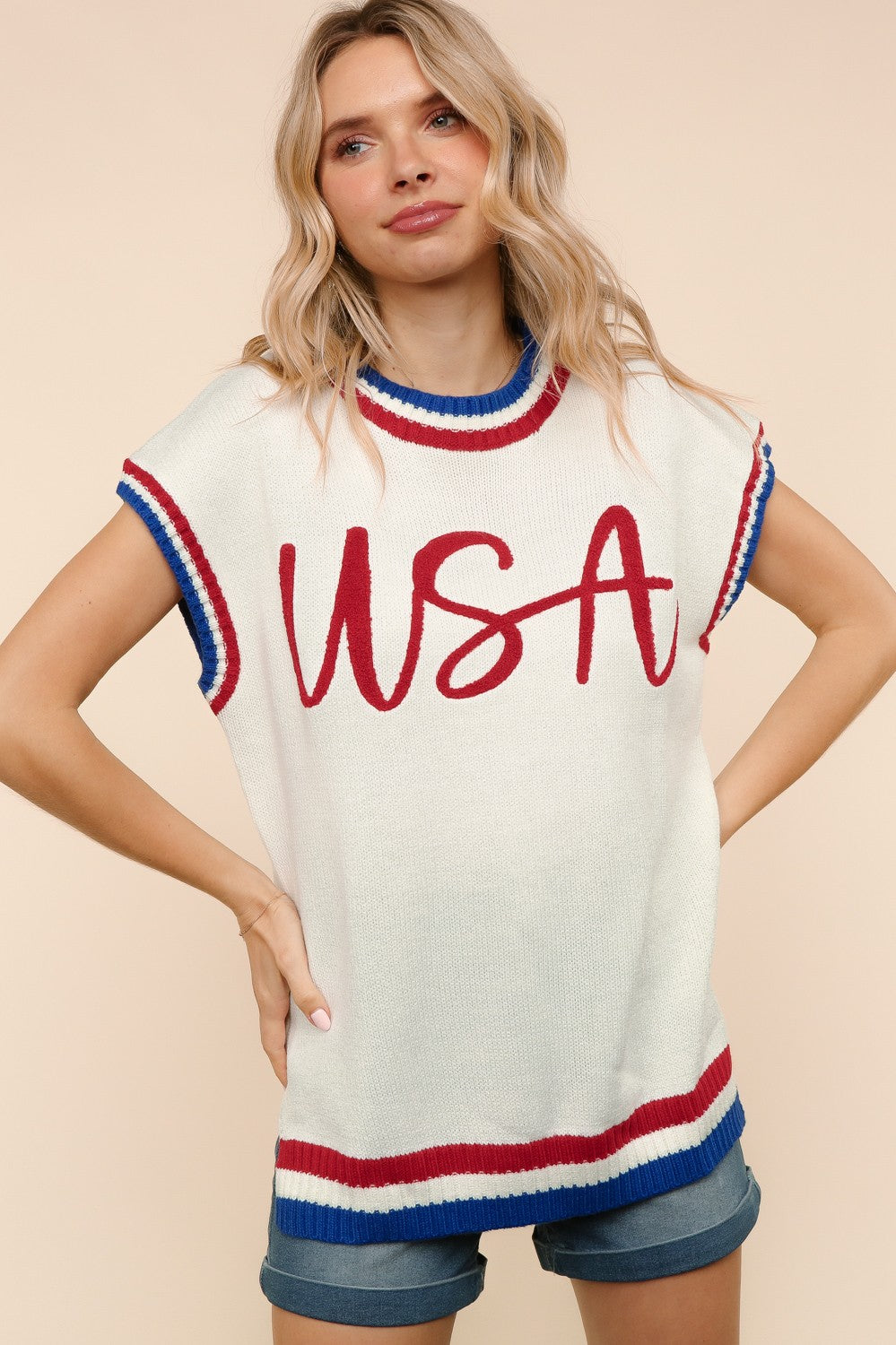 USA POP UP LETTER DOLMAN SWEATER KNIT PATRIOTIC TOP