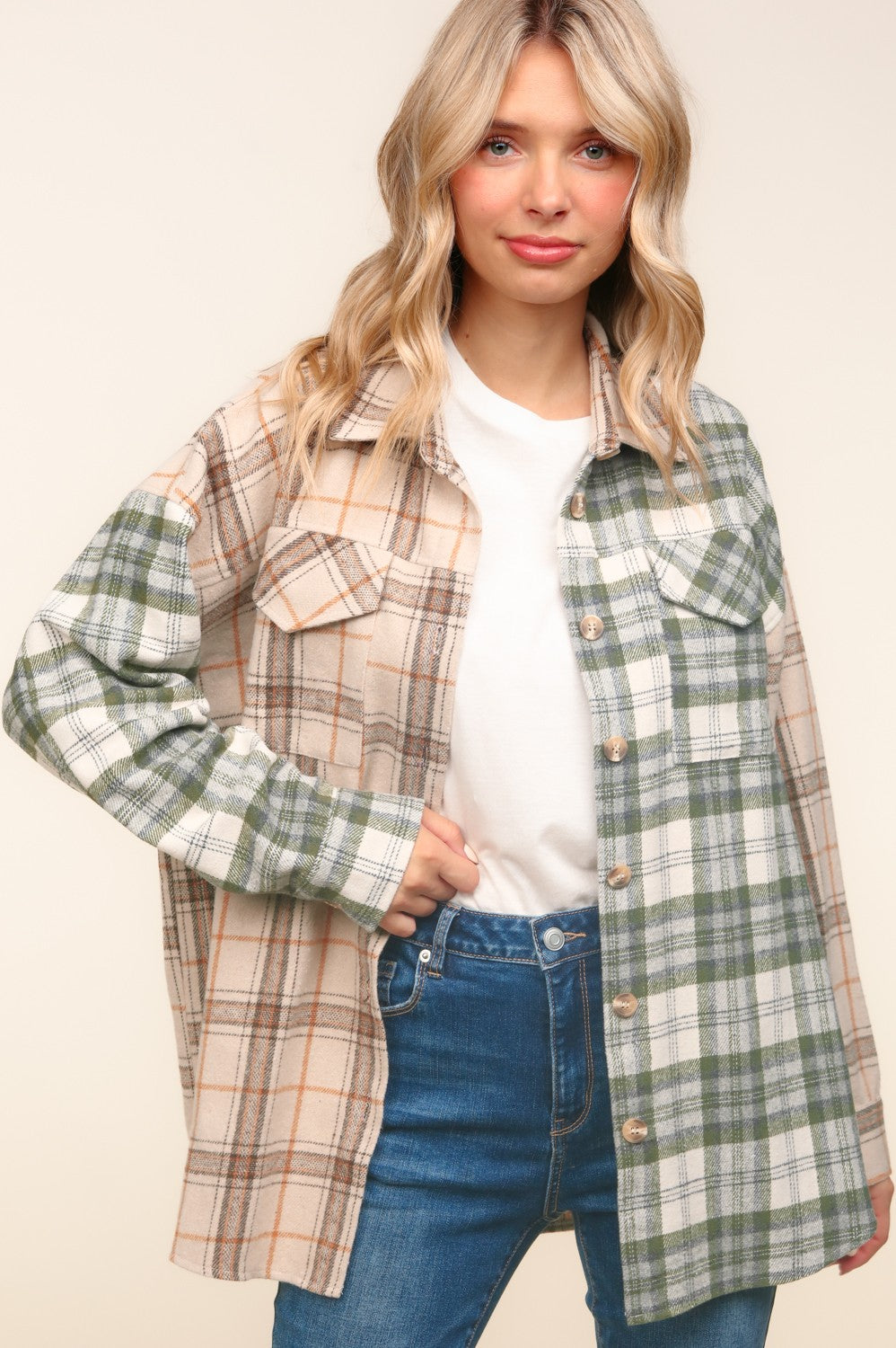 FLANNEL PLAID BLOCK BUTTON DOWN JACKET