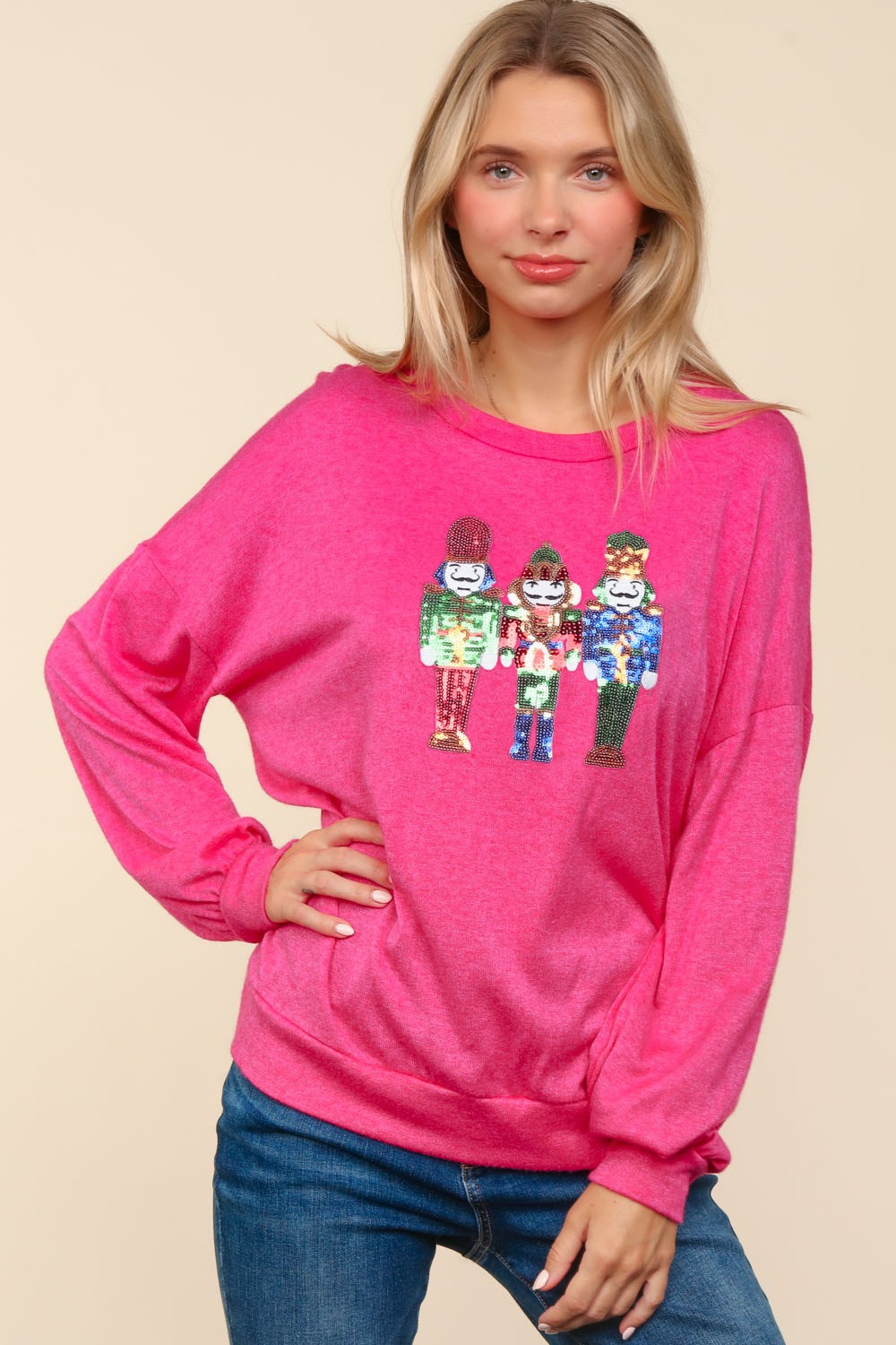 PLUS HOT PINK HACCI KNIT TOP W/ SEQUINS HOLIDAY NUTCRACKER PATCH