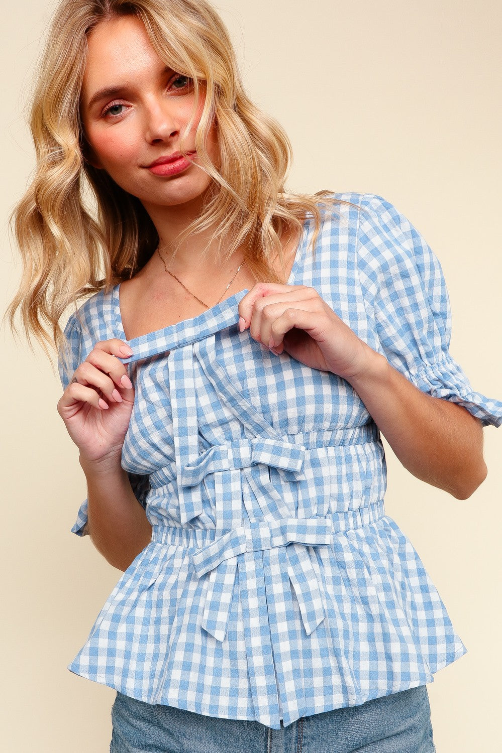 SQUARE NECK RIBBON BOW GINGHAM BLOUSE TOP
