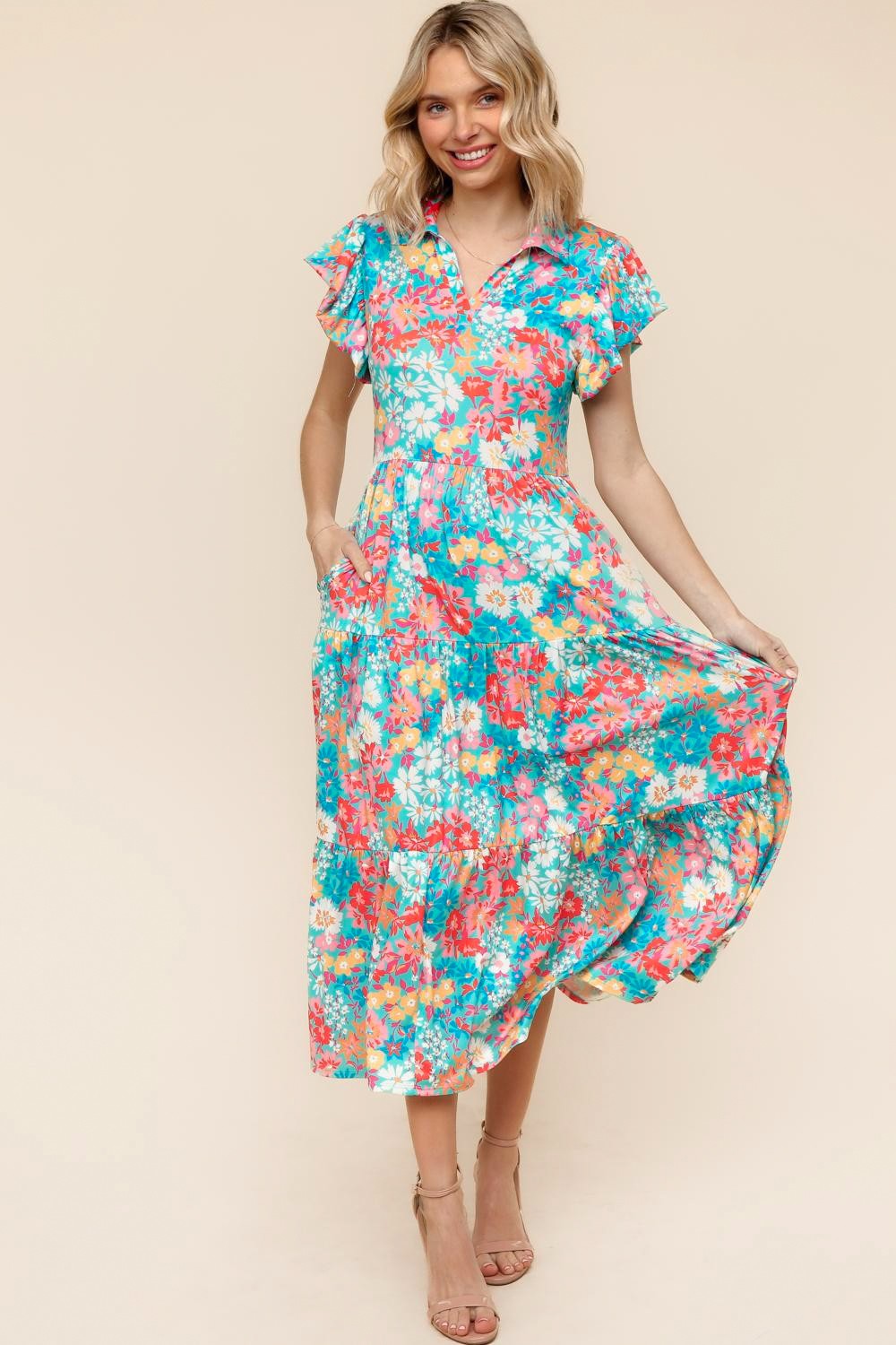 Collared Notch Neck Knit Dress W/Side Pockets