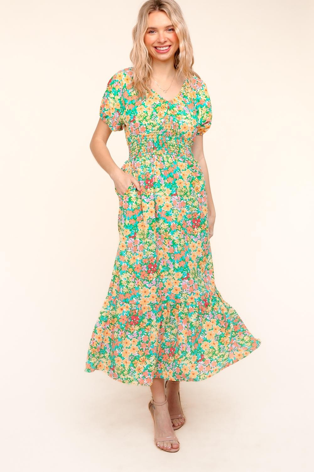 Yellow/Green Ruffle Hem Woven Maxi Dress with Side Pockets (3pc)