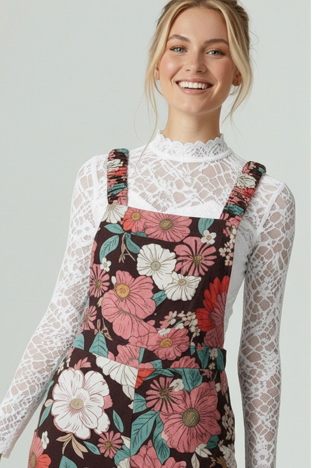 PLUS BROWN FLORAL PRINT LINEN OVERALL WITH SHOULDER STRAPS