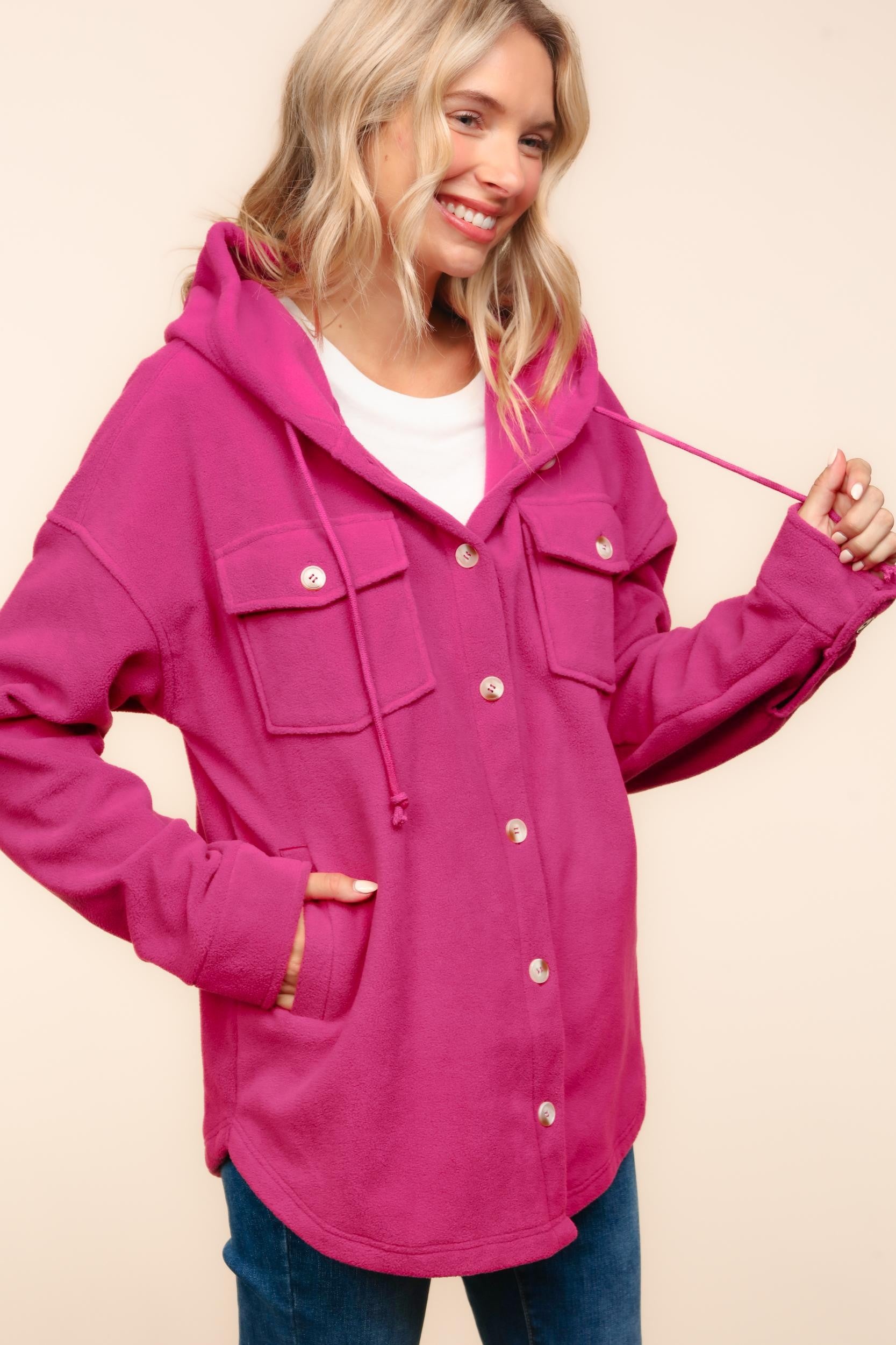 SOLID FLEECE BUTTON DOWN SHACKET WITH HOODIE