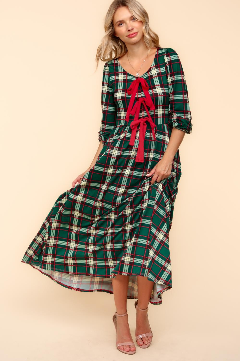 PLUS RIBBON DETAIL PLAID CHECKER PRINT KNIT DRESS