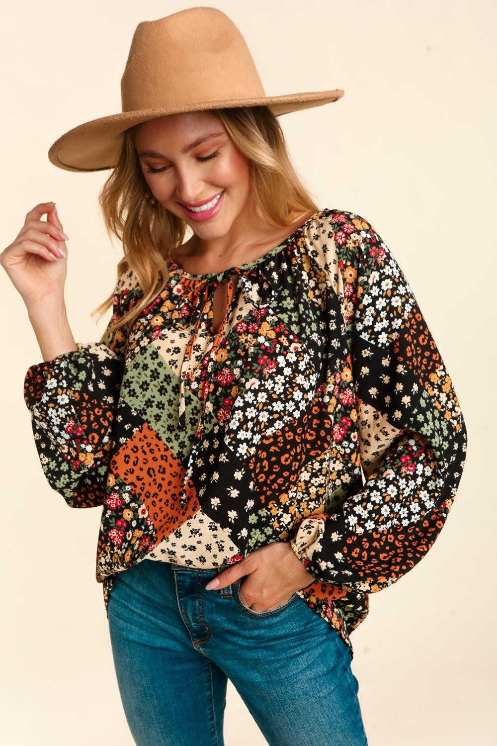 FLORAL BUBBLE LONG SLEEVE PEASANT WOVEN TOP