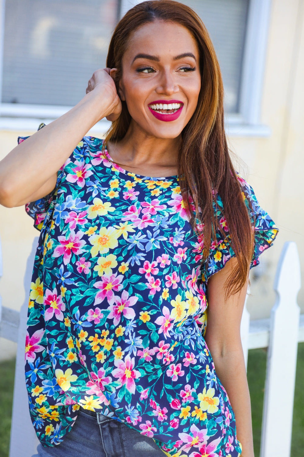 Navy Floral Flutter Sleeve Top