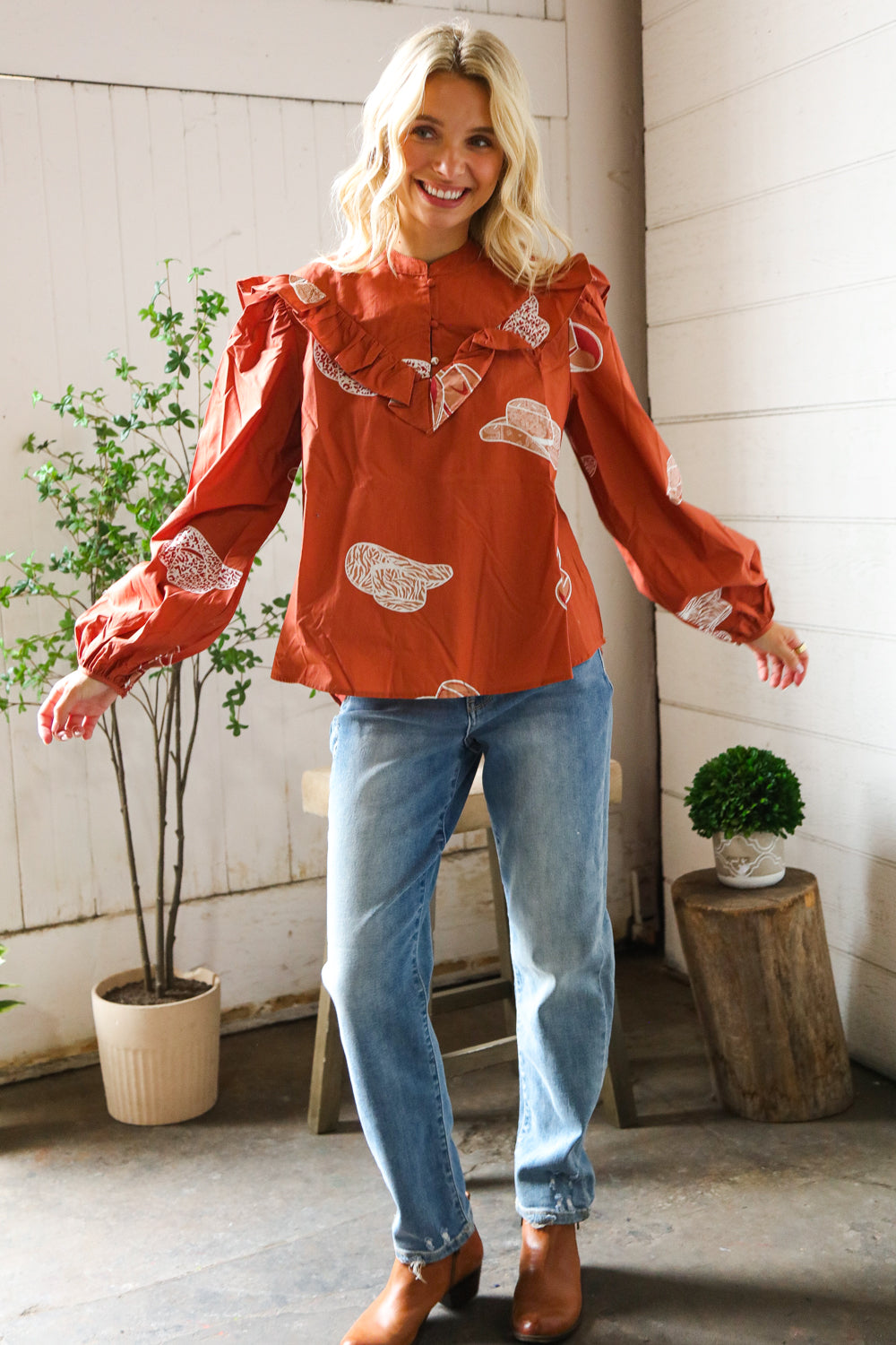 Terracotta Cowgirl Hat Print Ruffle Trim Blouse with Fabric Buttons