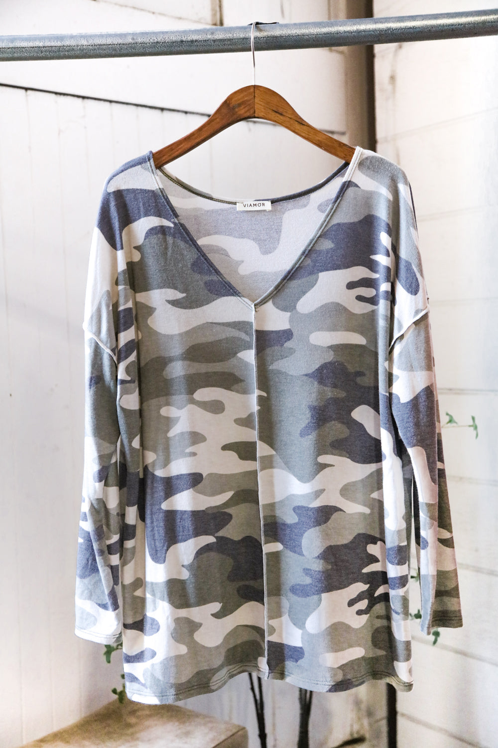 Camo V Neck Reverse Seam Long Sleeve