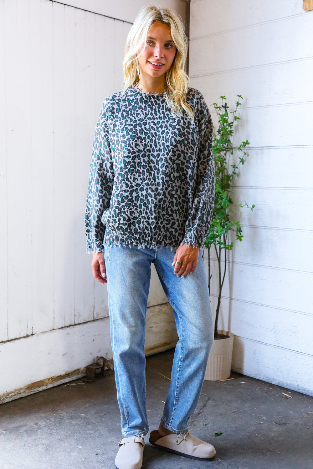 Teal Animal Frayed Edge Sweater