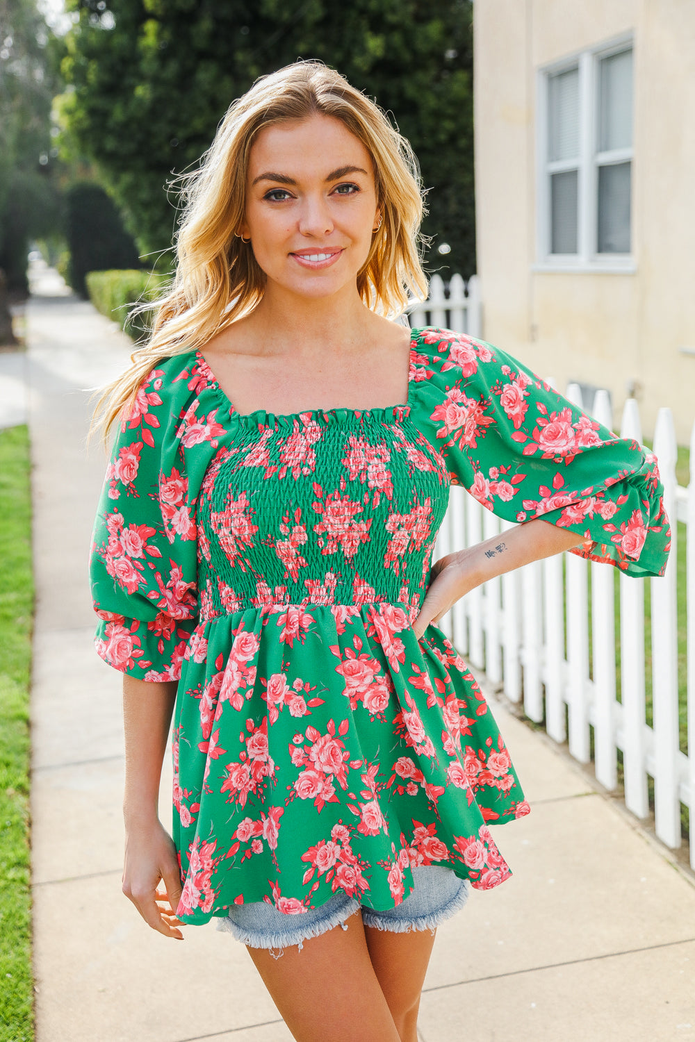 Green Floral Smocked Top