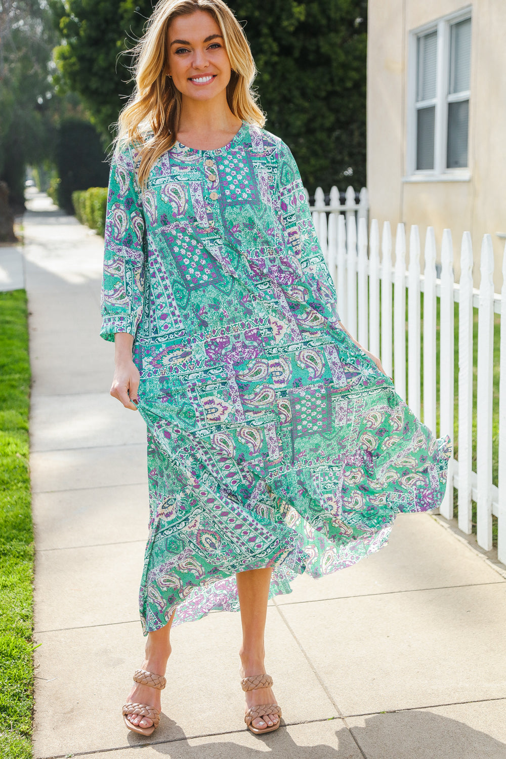 Green & Purple Print Dress