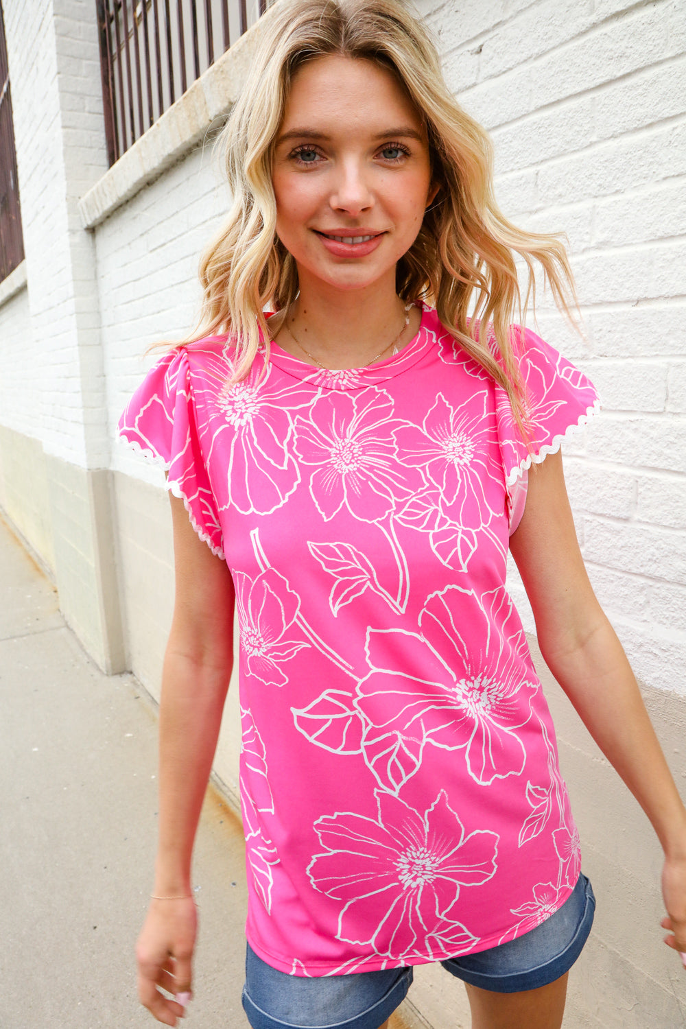 Fuchsia Flutter Short Sleeve Floral Print Knit Top