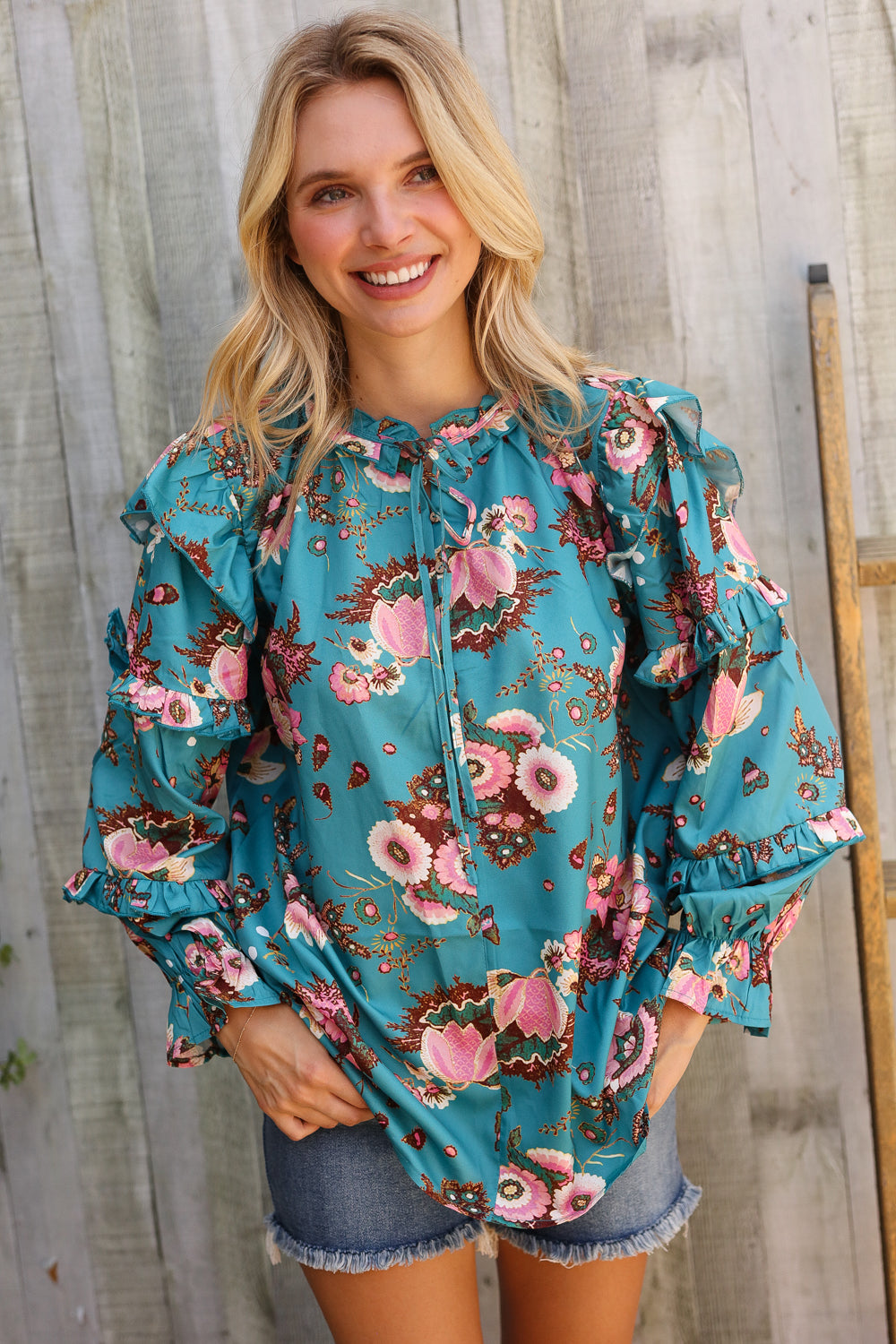Blue Floral Flutter Sleeve Top