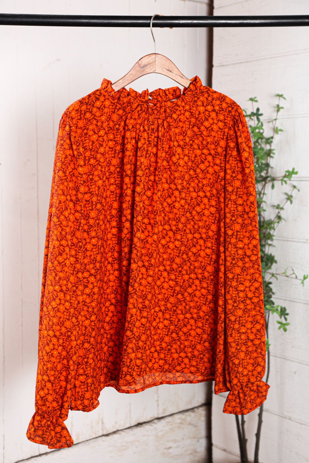 Plus Rust Orange Petit Floral Ruffle Trim Blouse