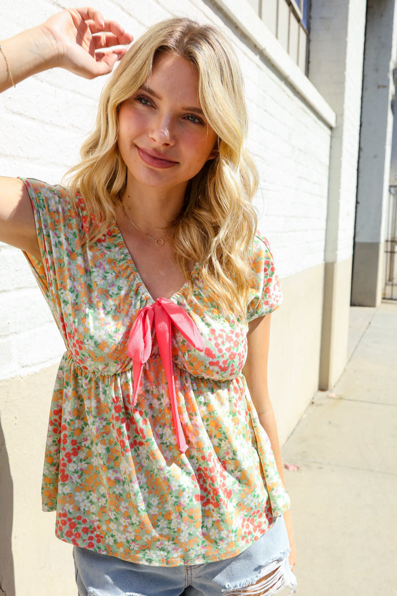 Be Charming Sage Floral Print Elastic Neck Ribbon Bow Tie Top (Open Pa