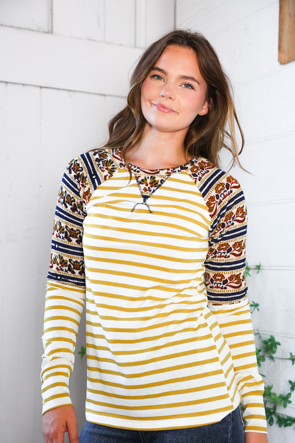Stripe Print Design Raglan Top