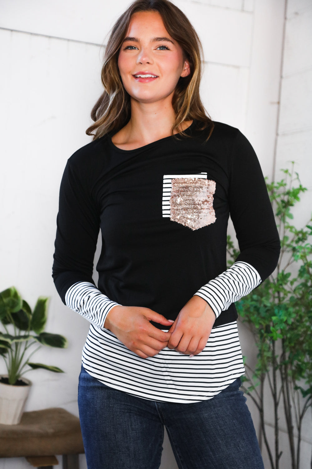 Black Sequin Pocket Top