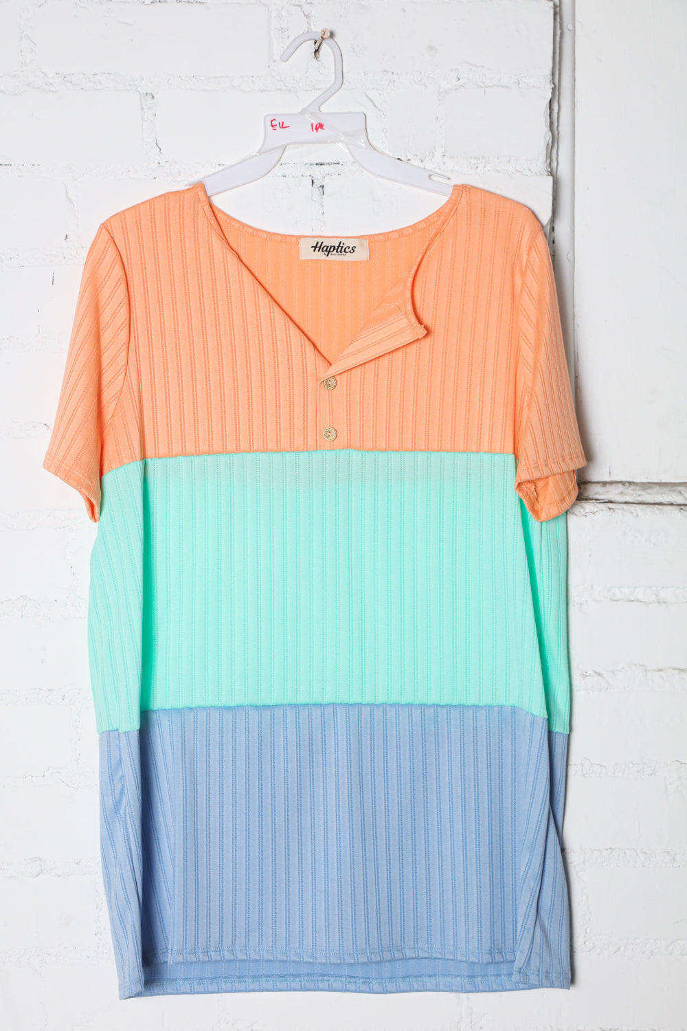 Button Pointelle Color Block Knit Top