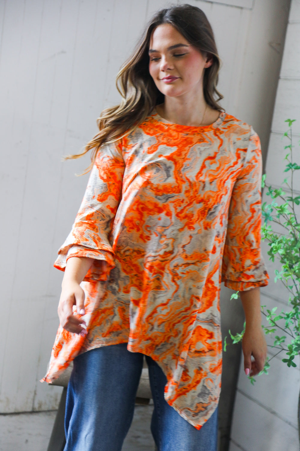 Taupe Shark Bite Print Top