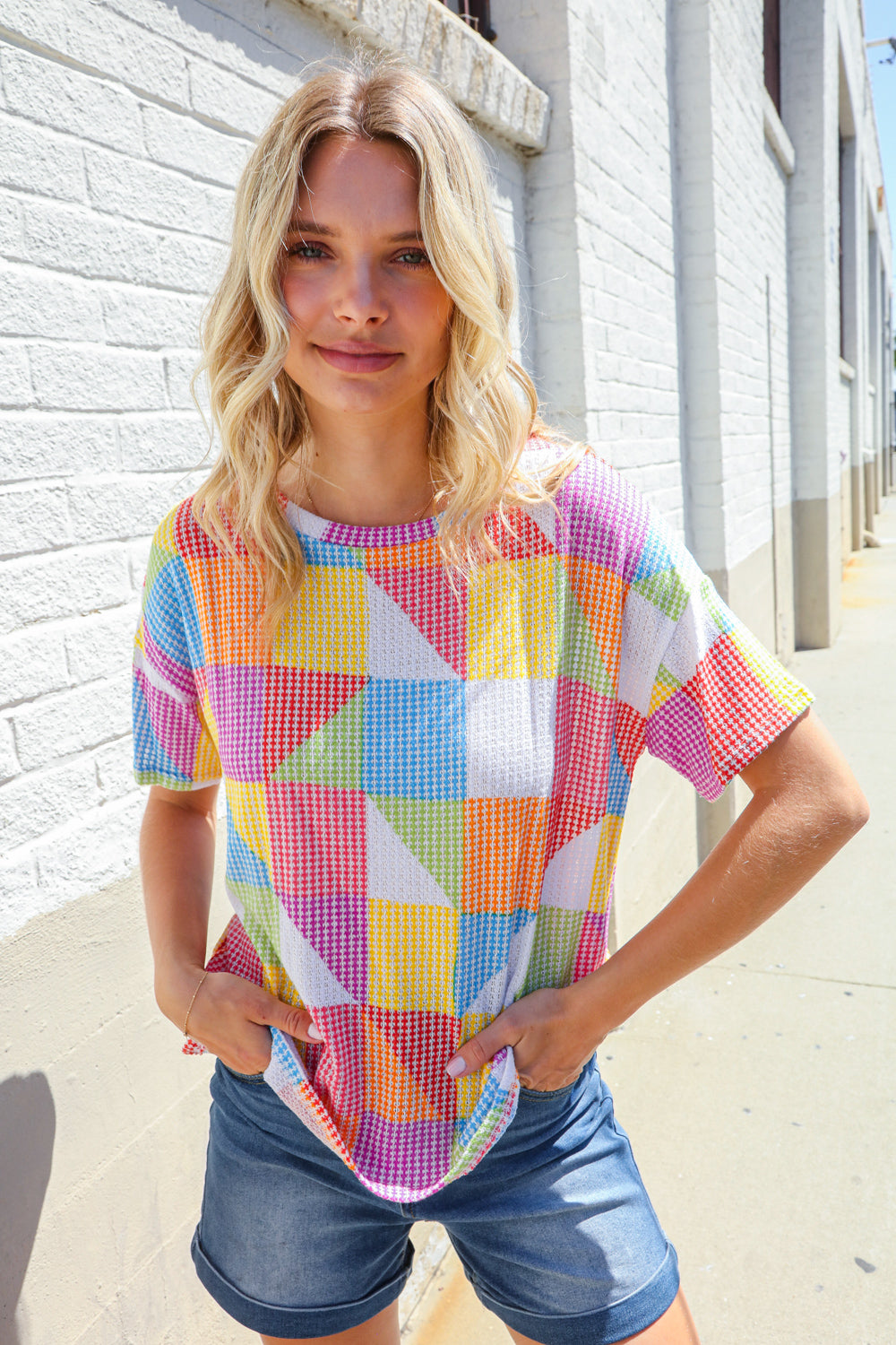 Multi Color Geometric Loose Fit Short Sleeve