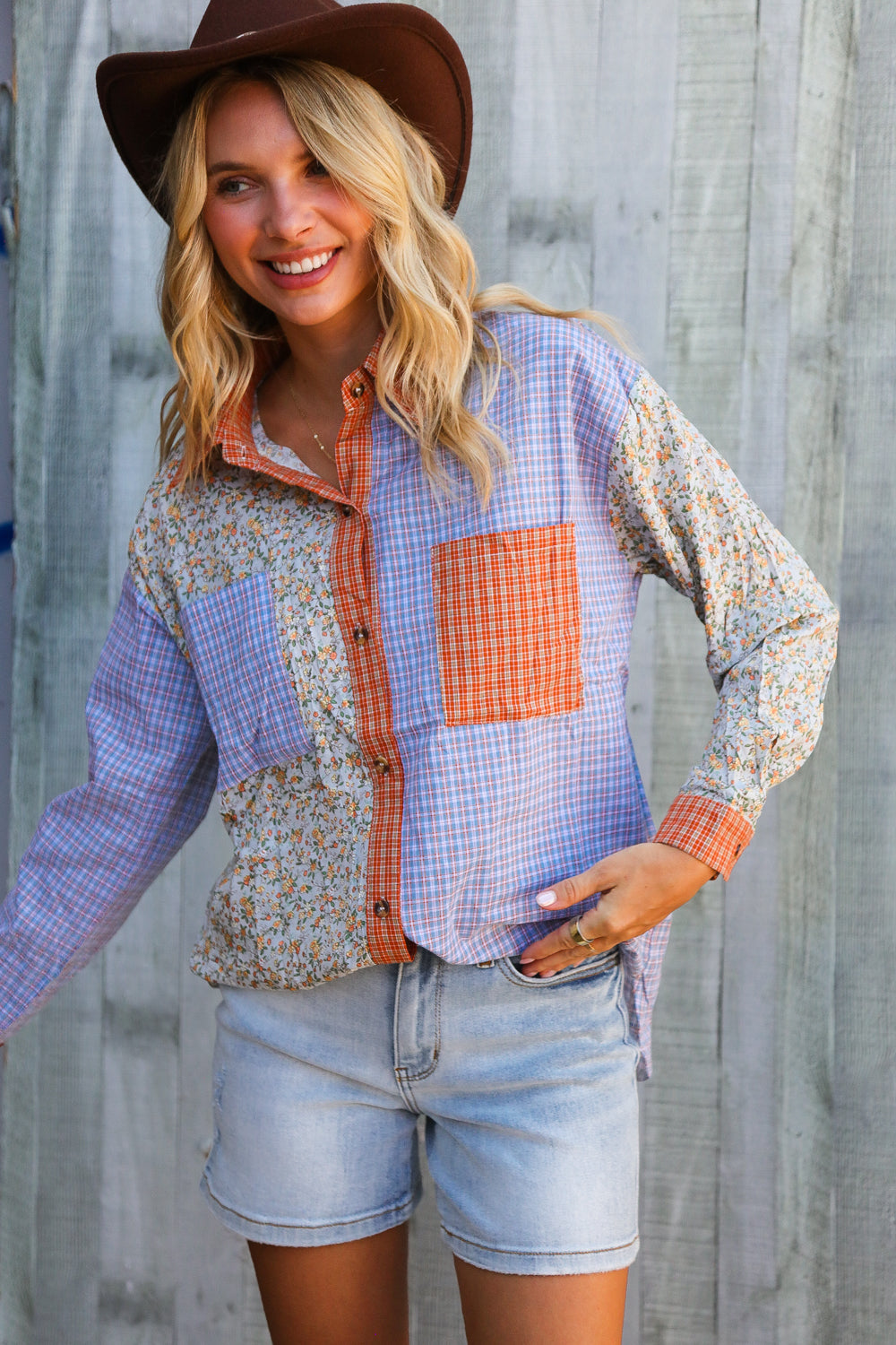 Plaid Floral Patchwork Design Top