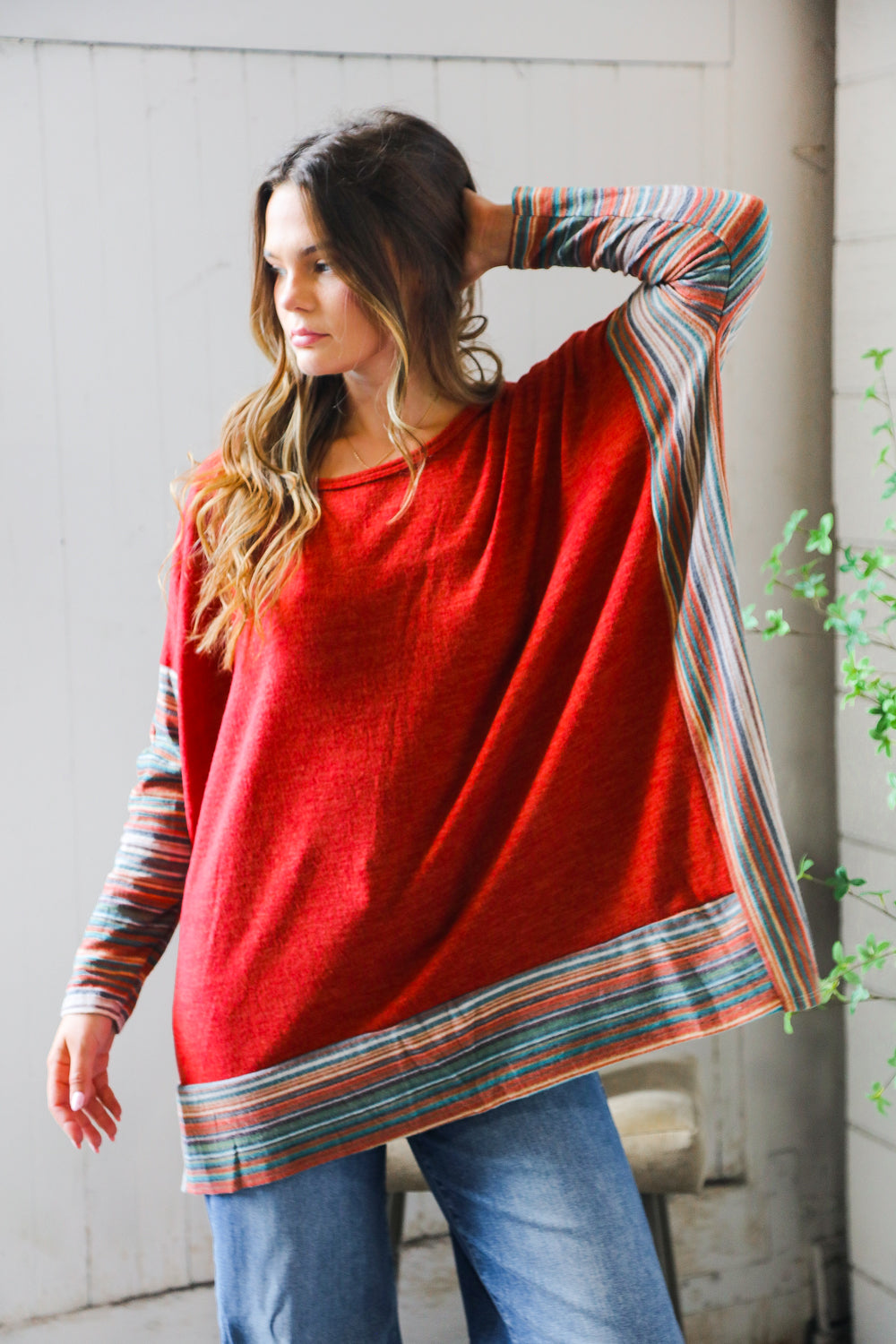 Rust Hacci Stripe Poncho Style Top (5pc)